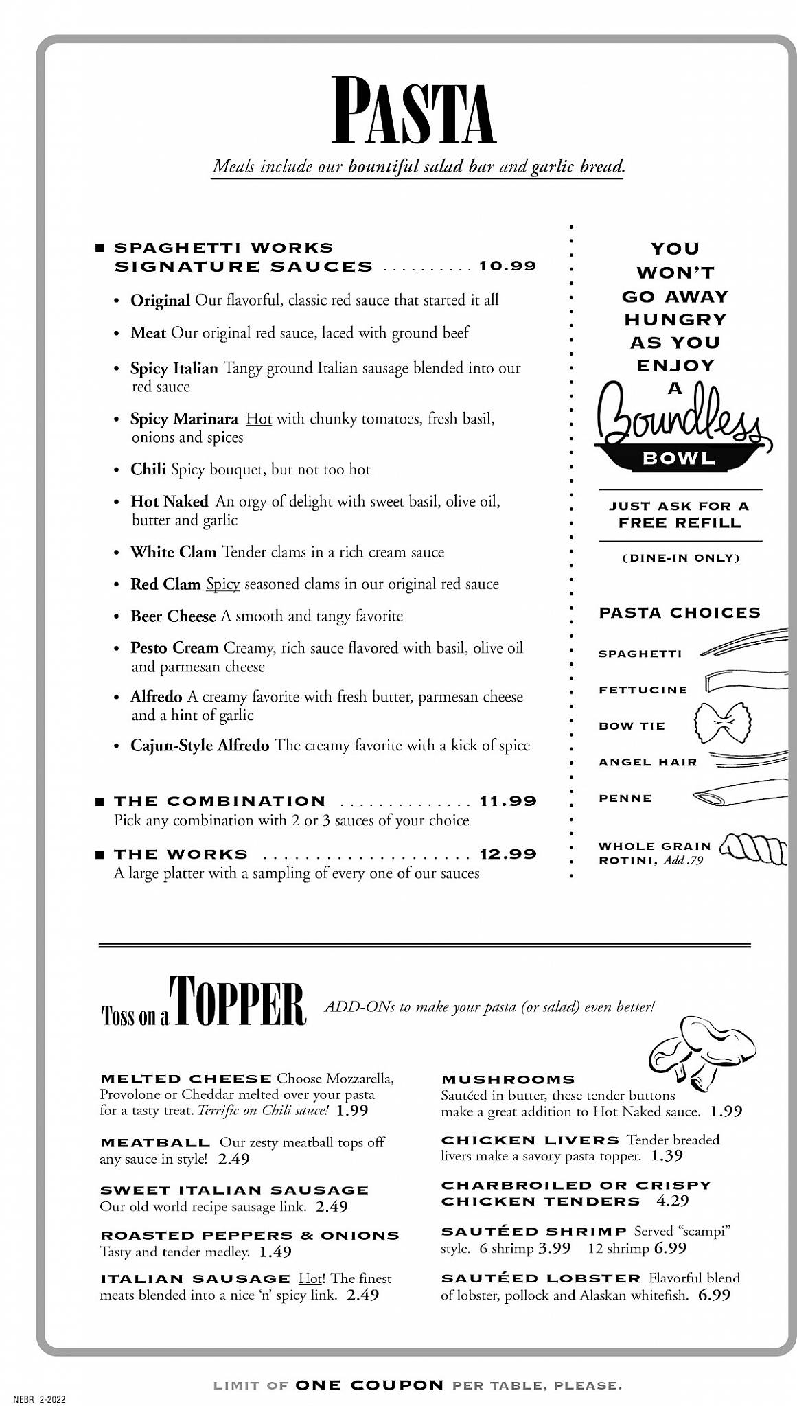 Menu at Spaghetti Works restaurant, Ralston, Park Dr