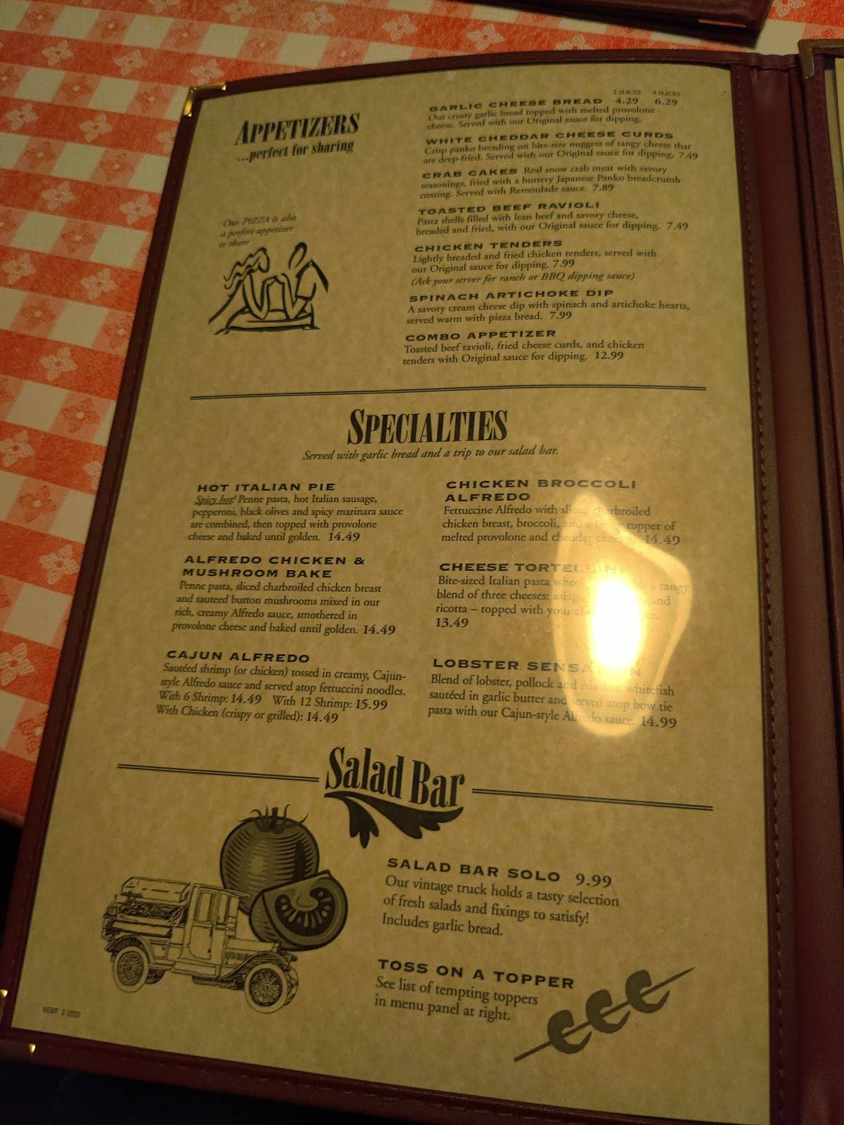 Menu at Spaghetti Works restaurant, Ralston, Park Dr