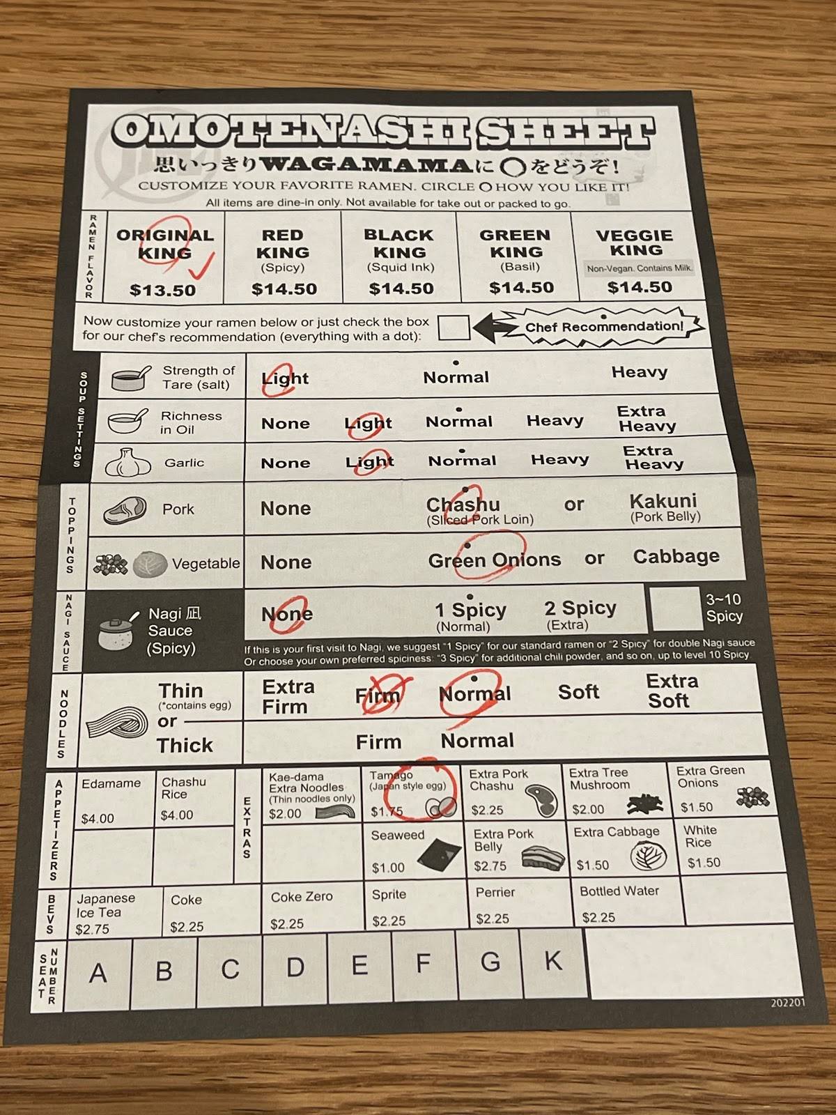 Carta del restaurante Ramen Nagi, Arcadia