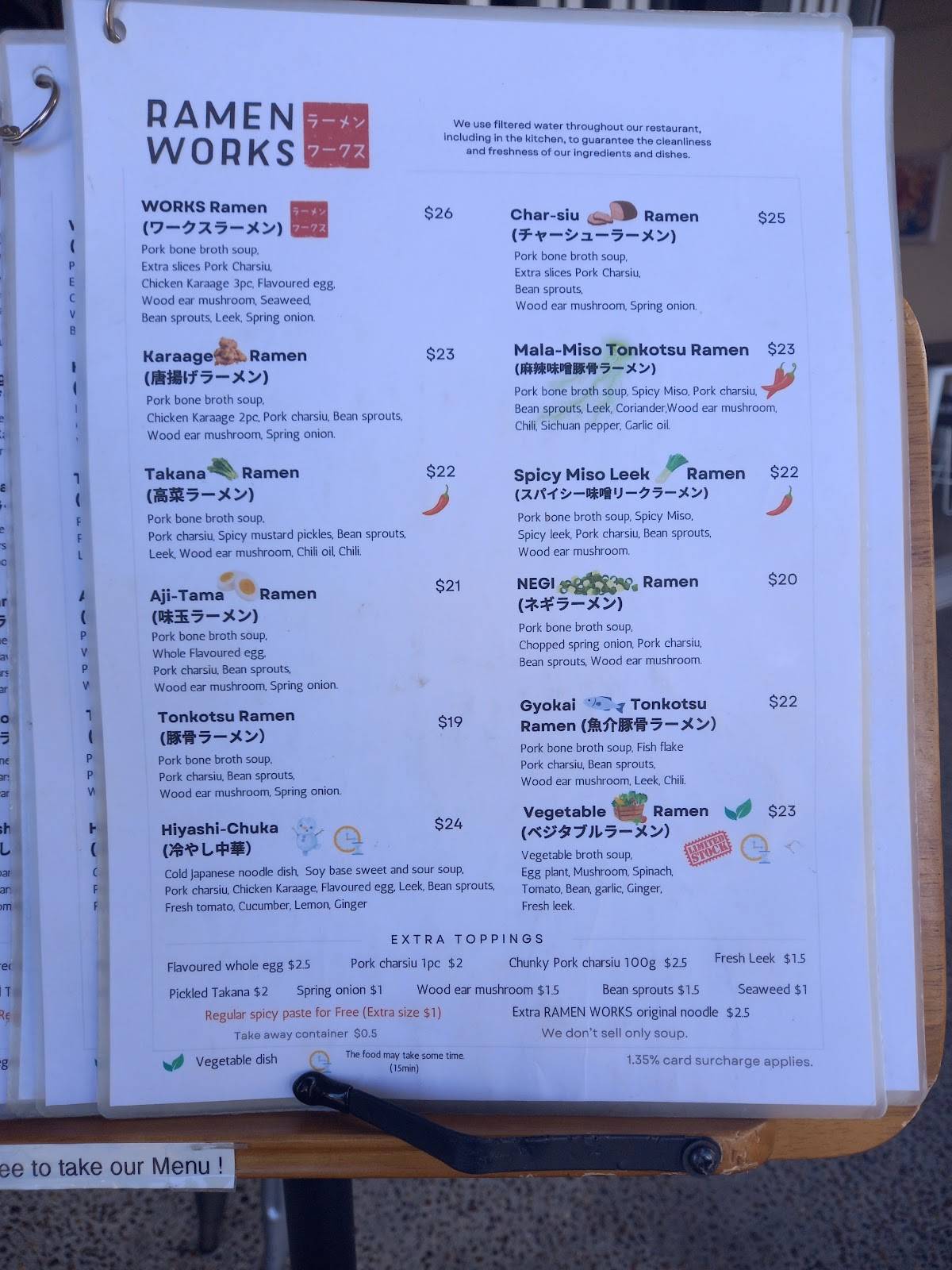 Menu at Ramen Works restaurant, West End