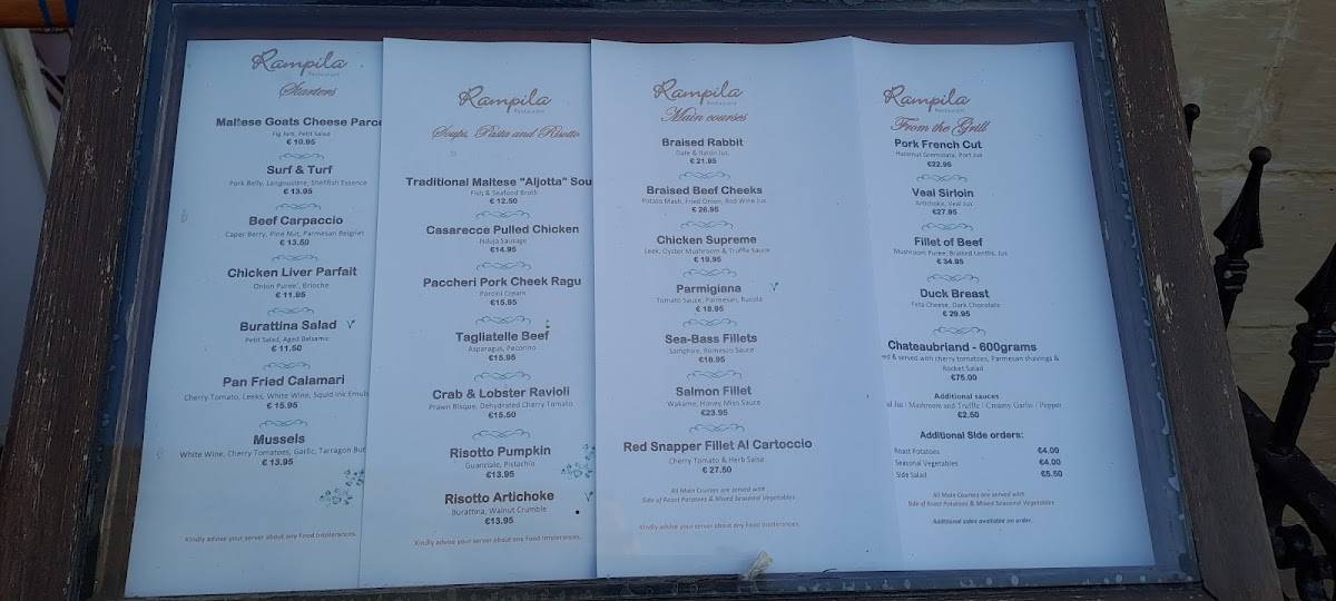 Menu at Rampila Restaurant, Valletta