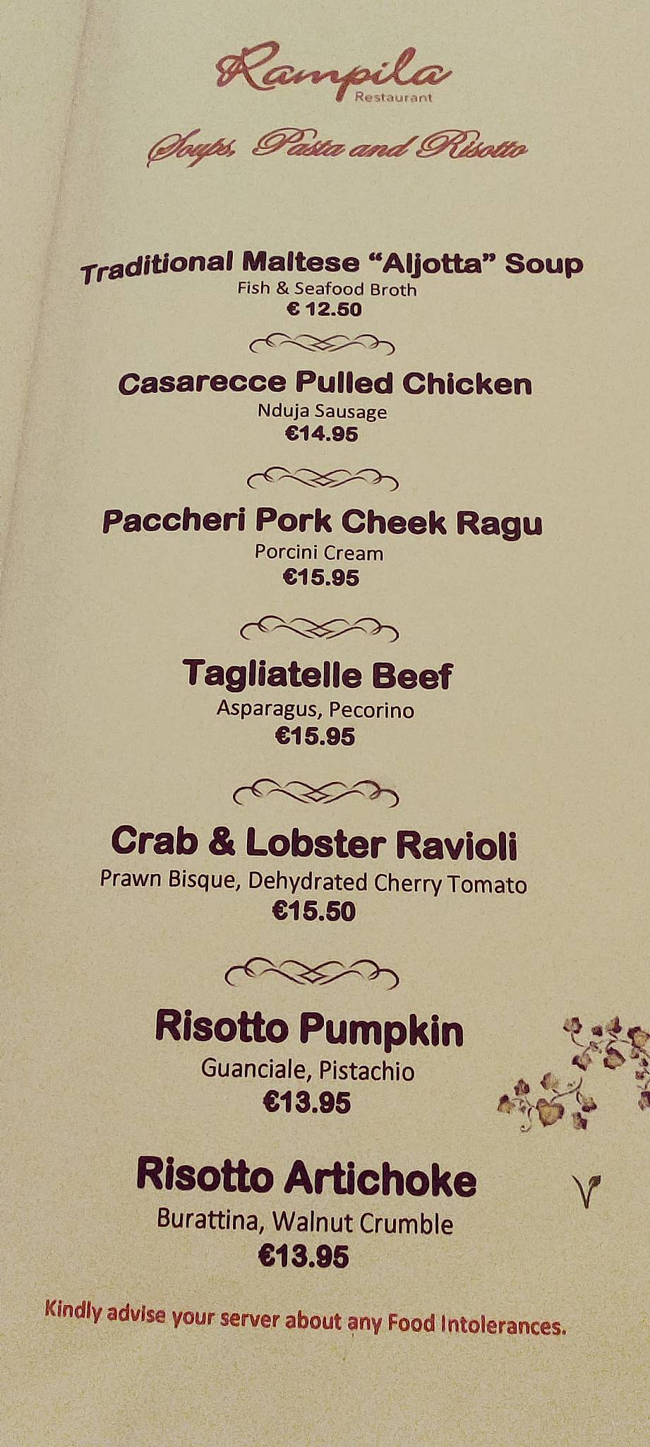 Menu at Rampila Restaurant, Valletta
