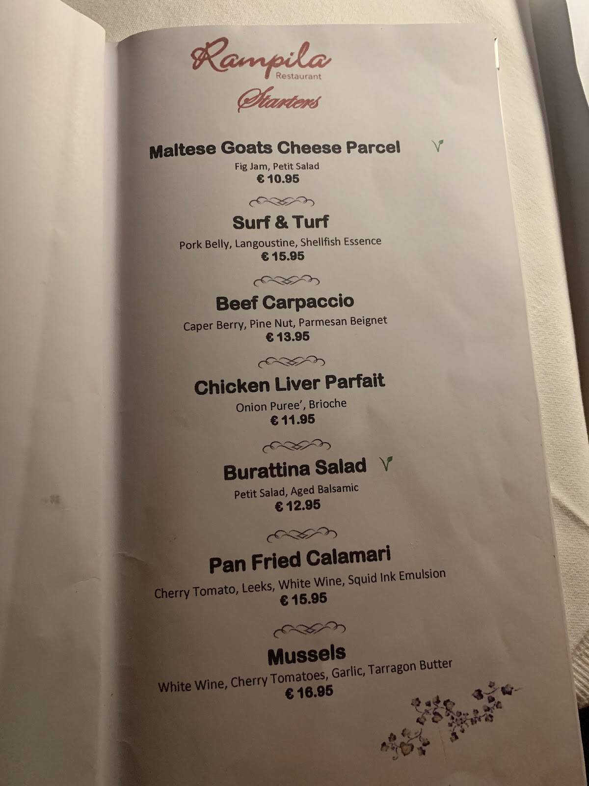 Menu at Rampila Restaurant, Valletta