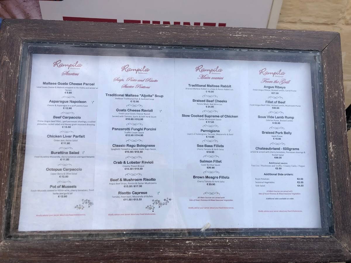 Menu at Rampila Restaurant, Valletta