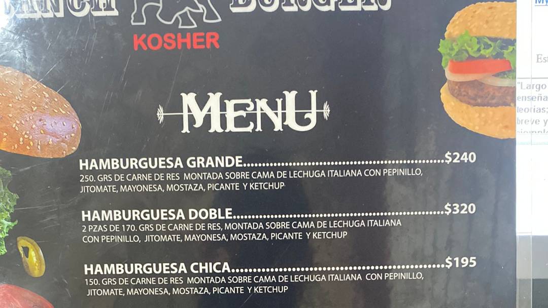Carta del restaurante Ranch Burger Kosher, Ciudad del México
