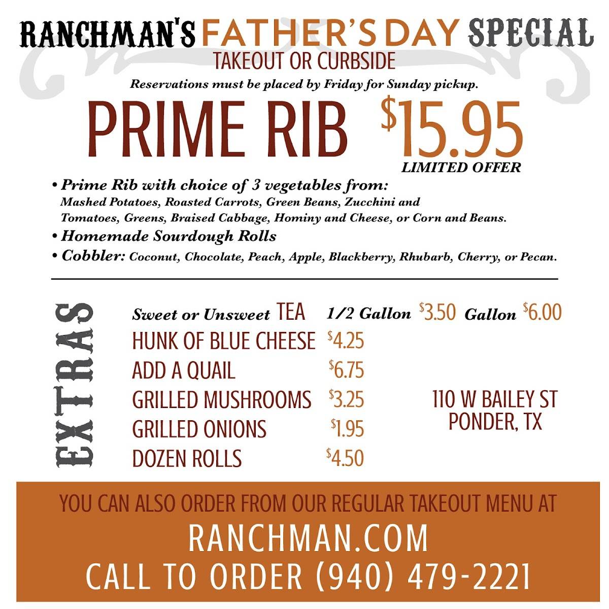 Menu at Ranchman's Ponder Steakhouse, Ponder