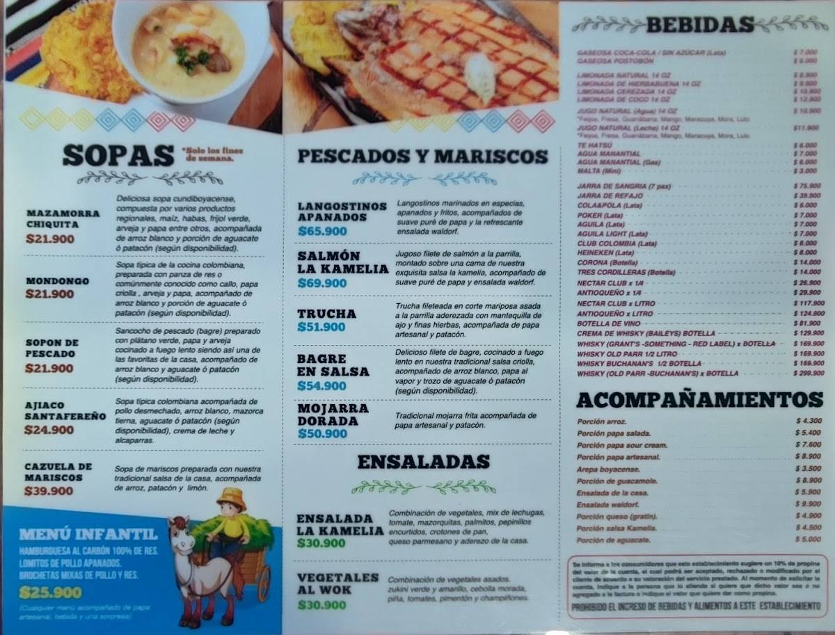 Carta de Restaurante La Kamelia, Sibaté