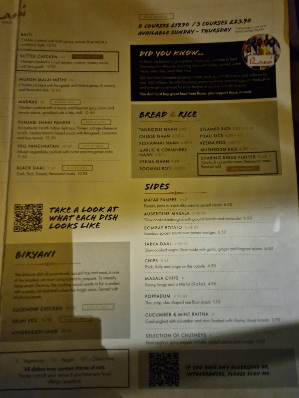 Menu at Rasoi Waterfront restaurant, Swansea