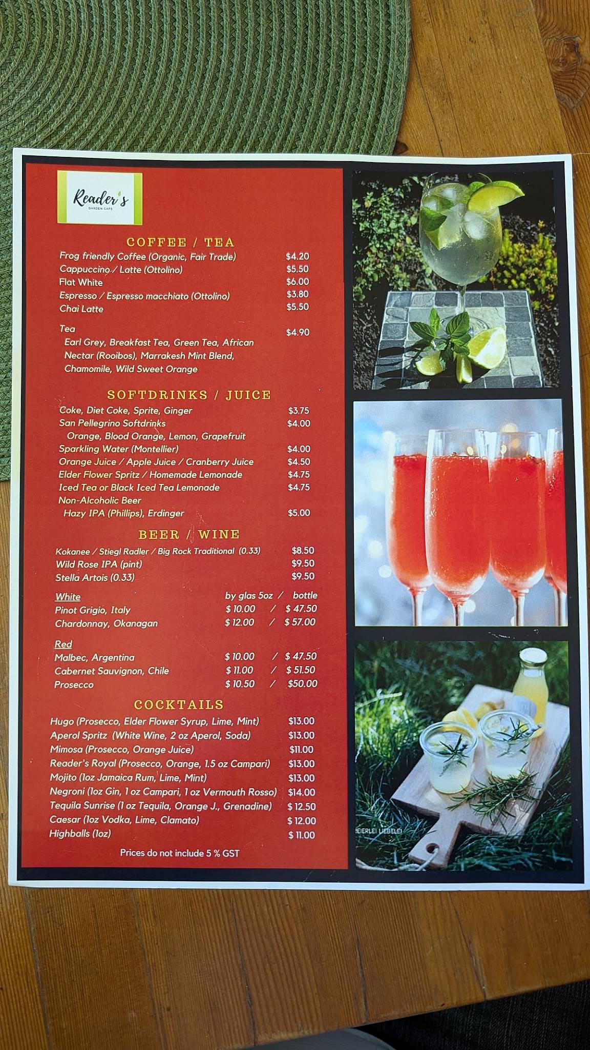 Menu at Reader's Garden Cafe, Calgary