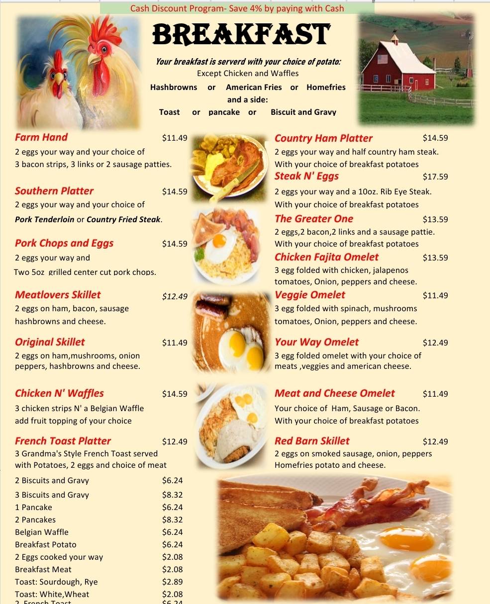 Menu at Red Barn Cafe, Mount Vernon, 107 W Mt Vernon Blvd
