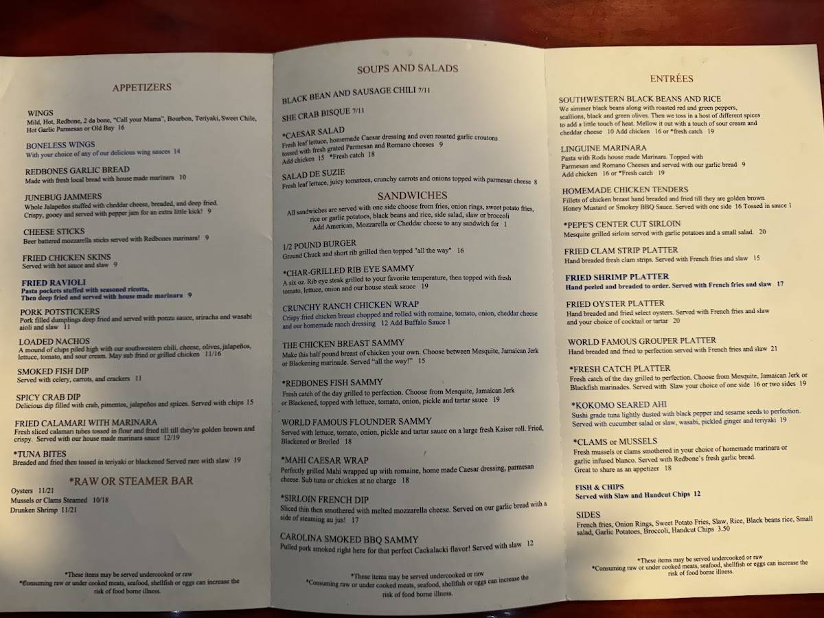 Menu at Red Bones Raw Bar Seafood Grille, Chesapeake