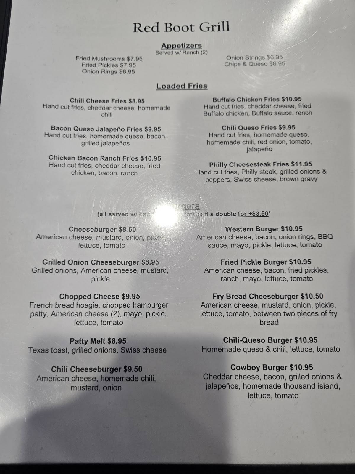 Menu at Red Boot Grill restaurant, Lawton