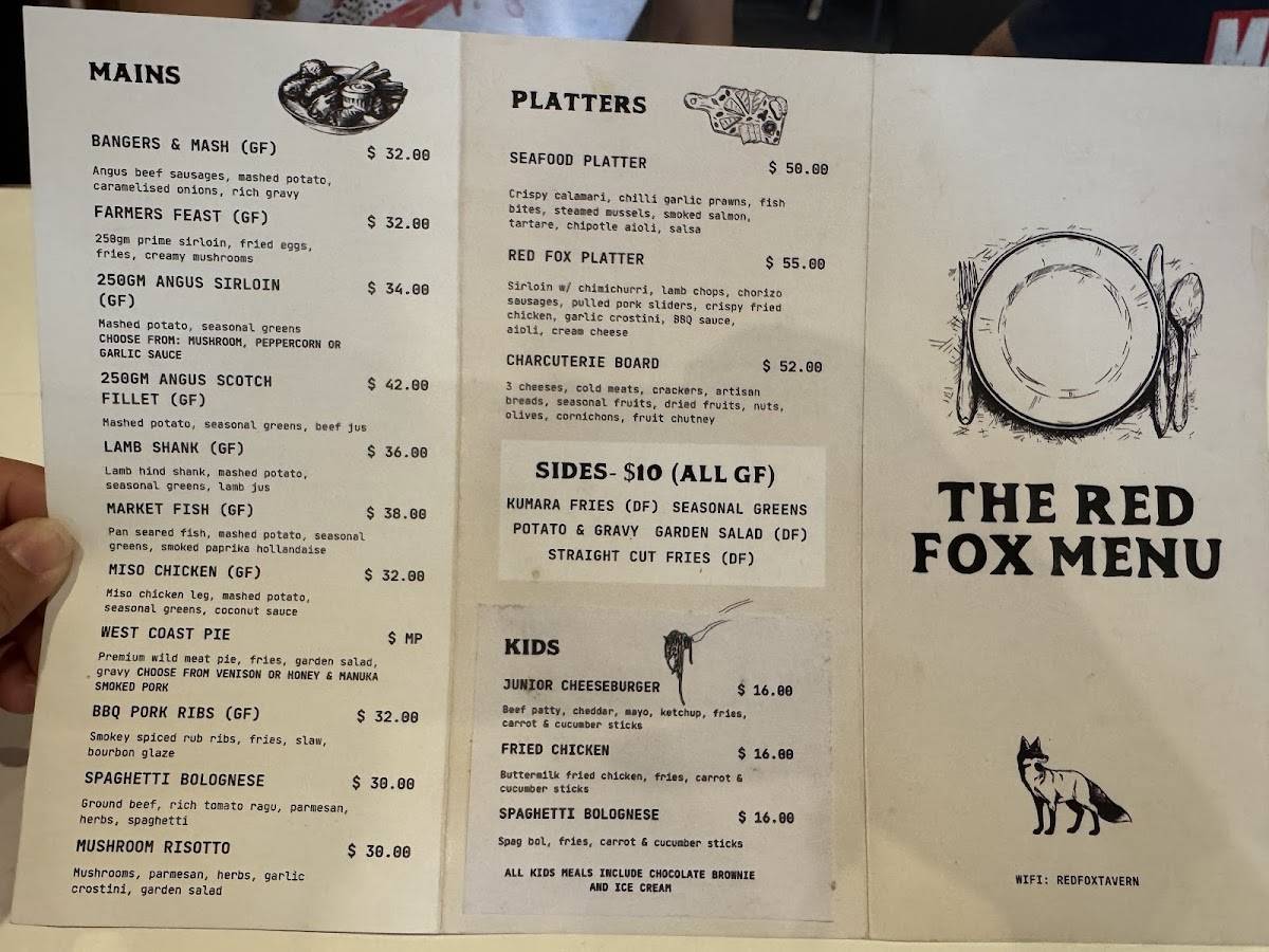 Menu at Red Fox Tavern pub & bar, Maramarua