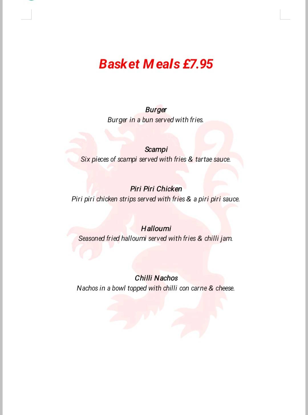 Menu at Red Lion pub & bar, Leek, 37 Cheadle Rd