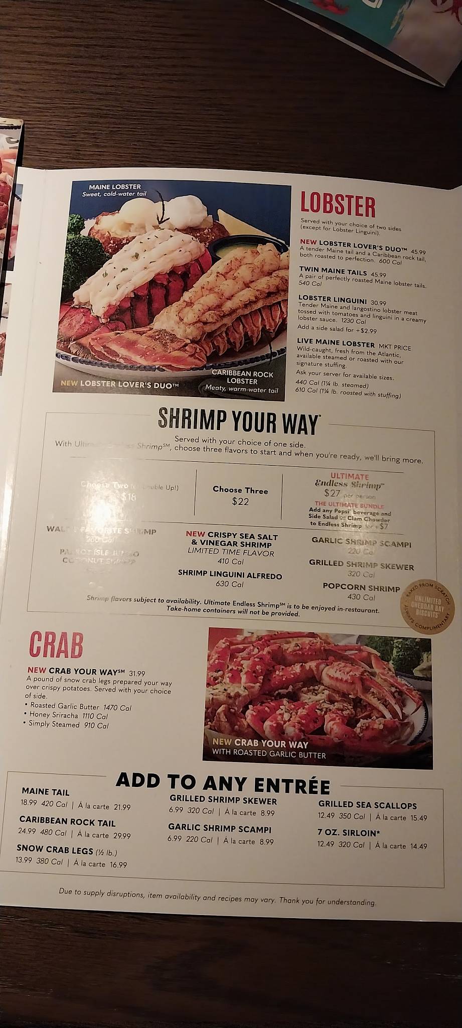 Menu at Red Lobster restaurant, Sacramento, Howe Ave