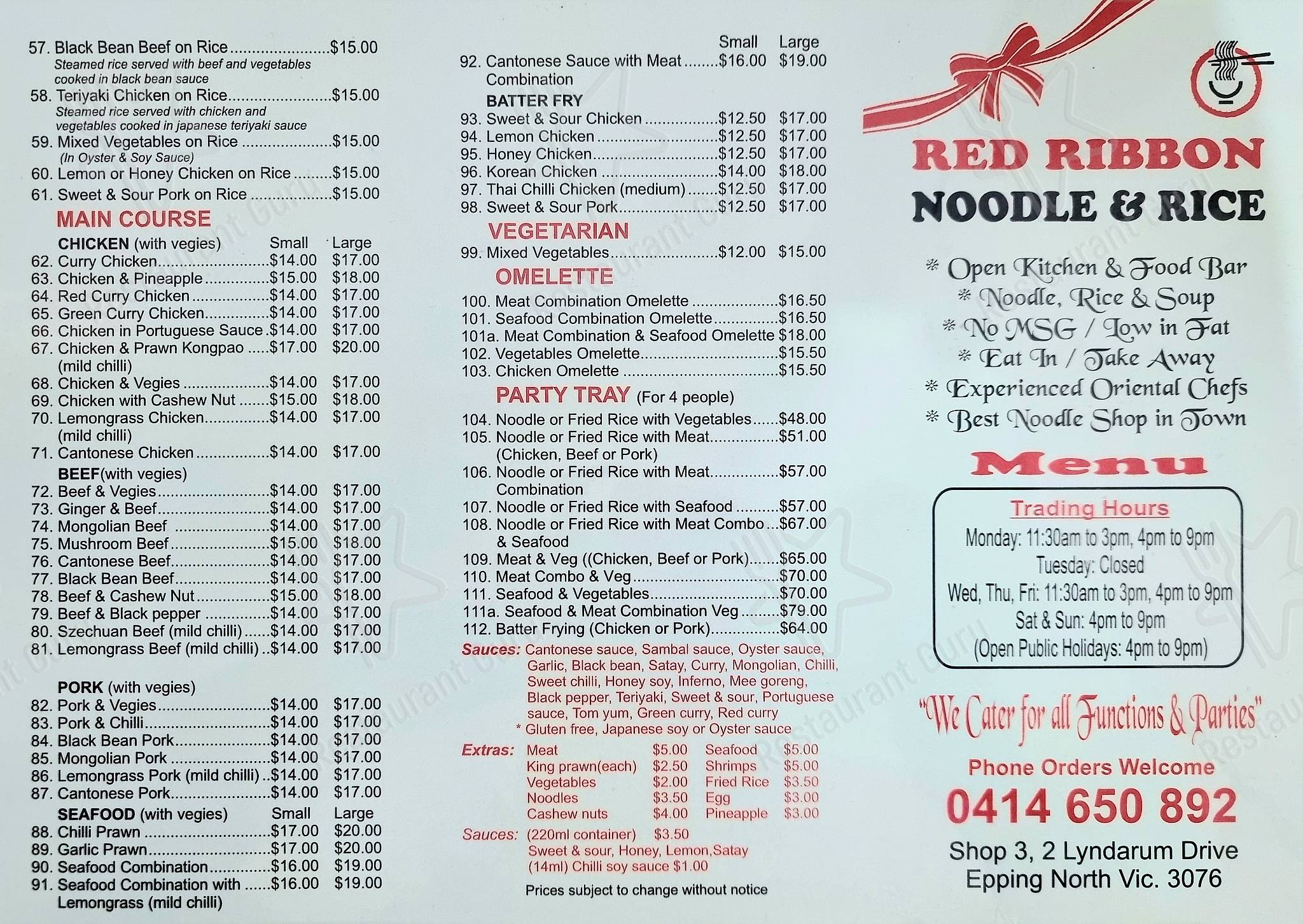Menu at Red Ribbon Noodle & Rice restaurant, Epping