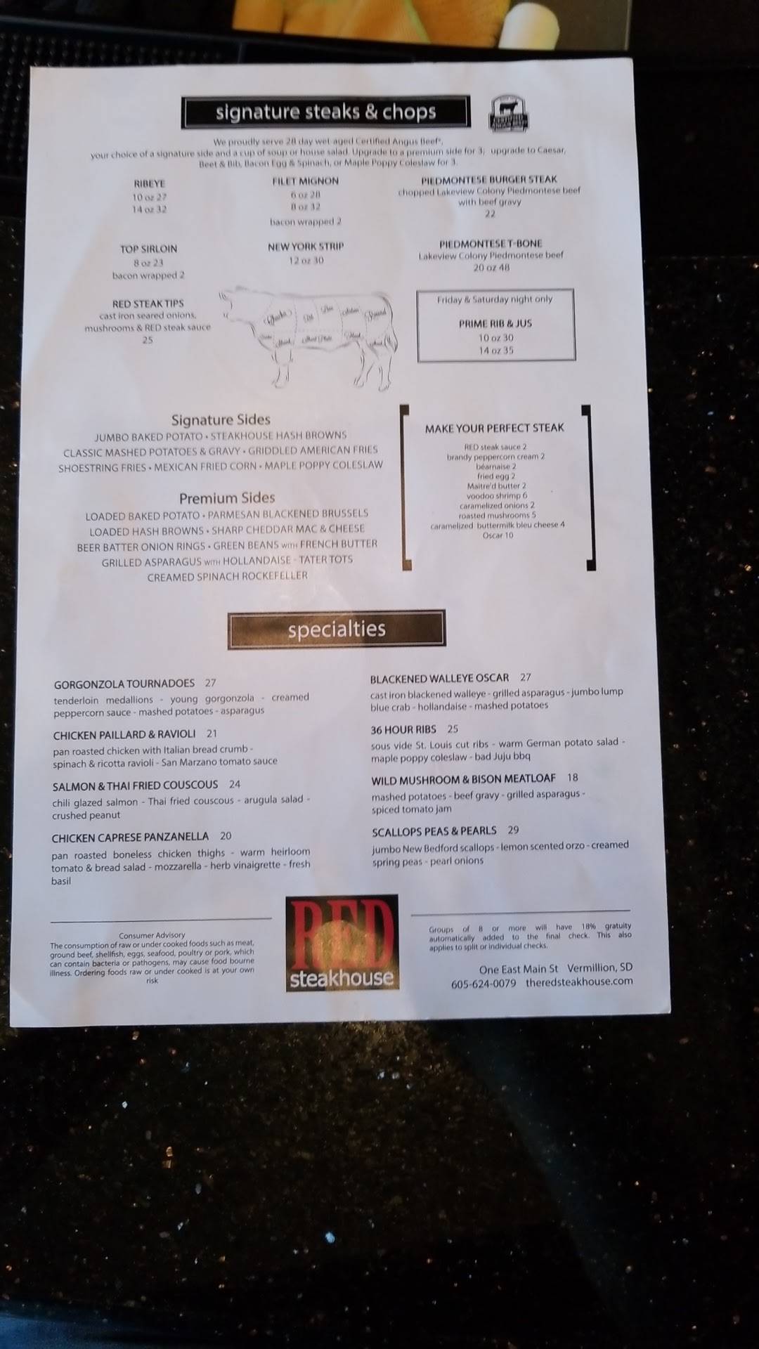 Menu at Red Steakhouse, Vermillion
