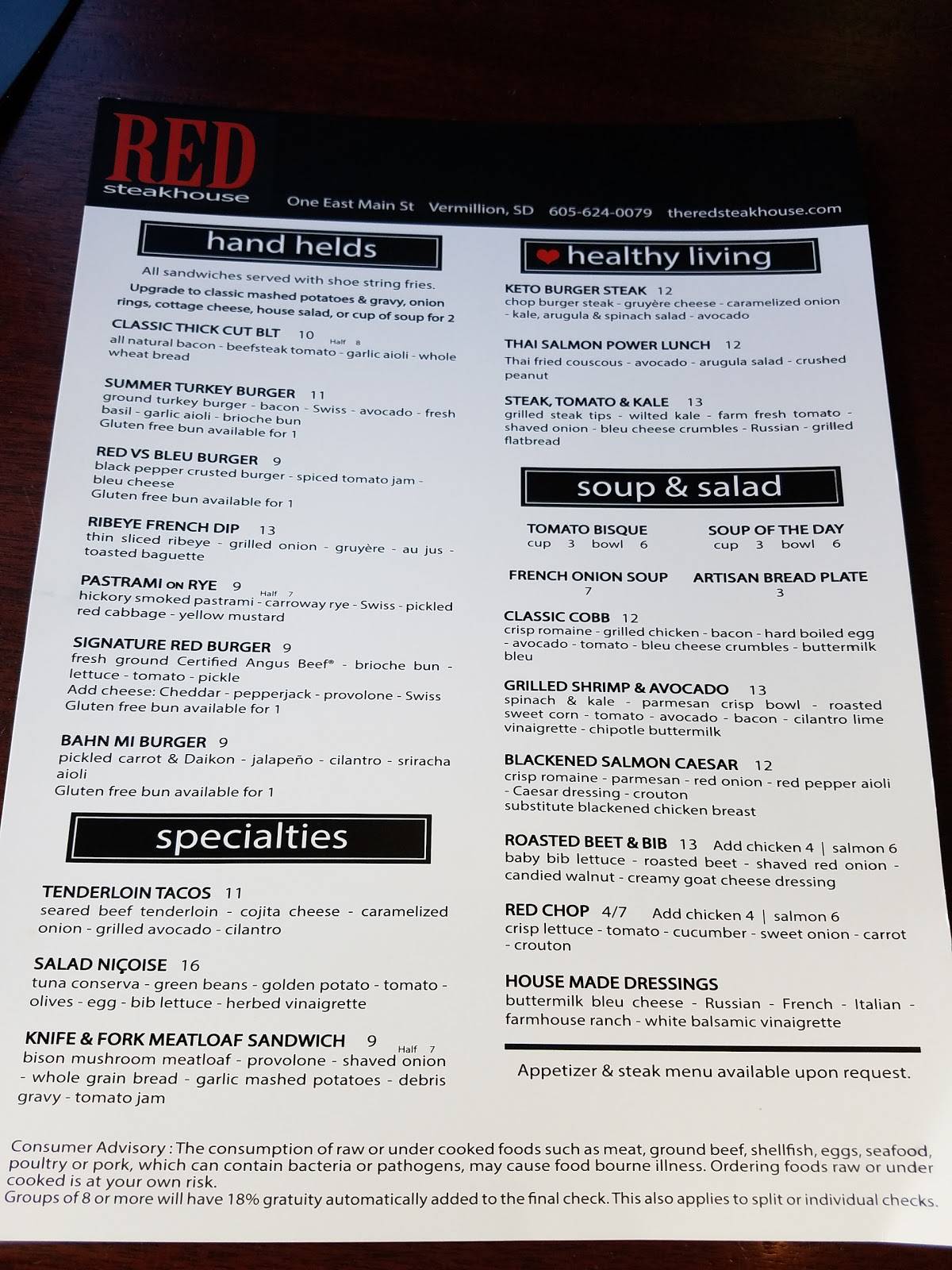 Menu at Red Steakhouse, Vermillion