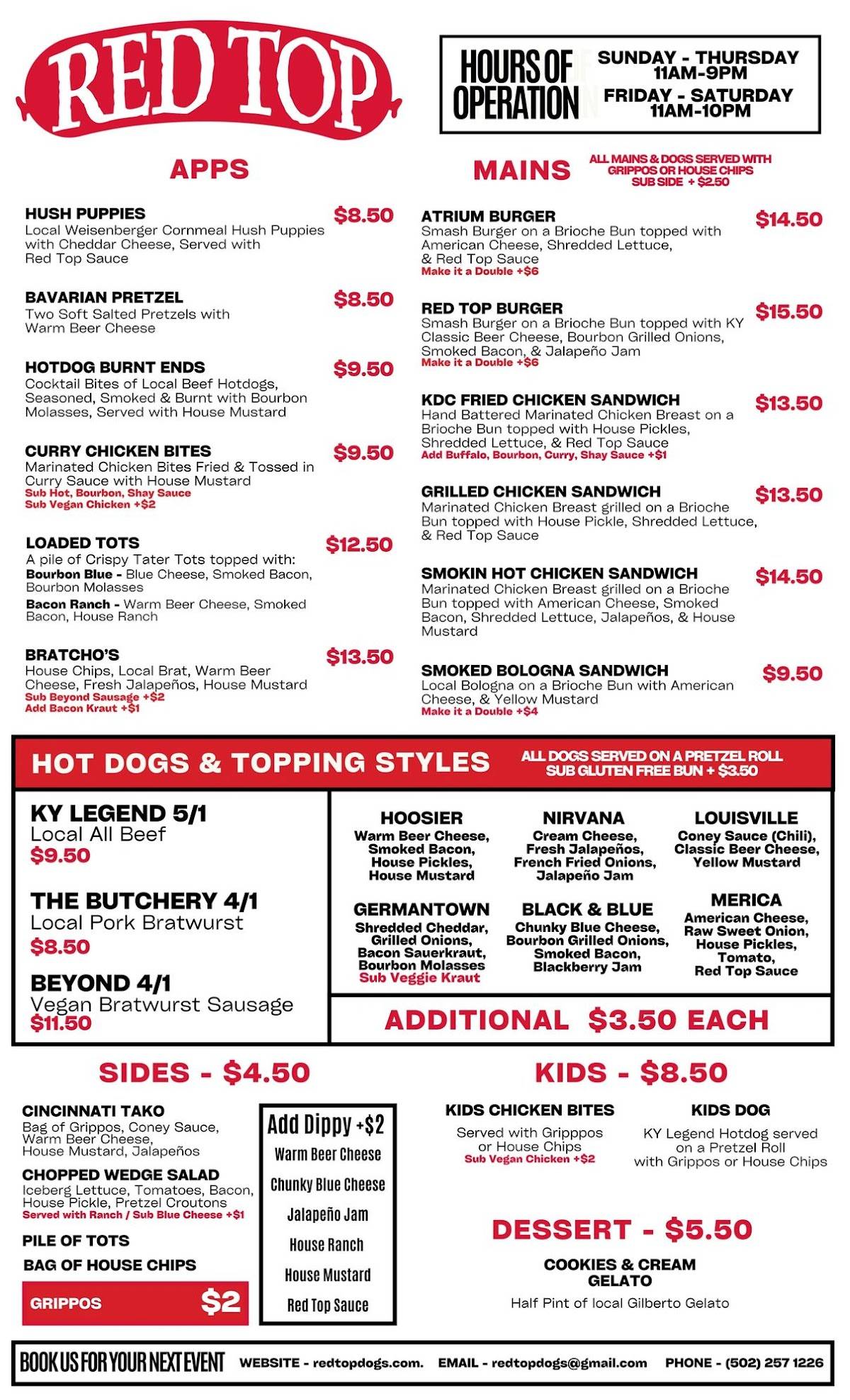 Menu at Red Top restaurant, Louisville, Logan St