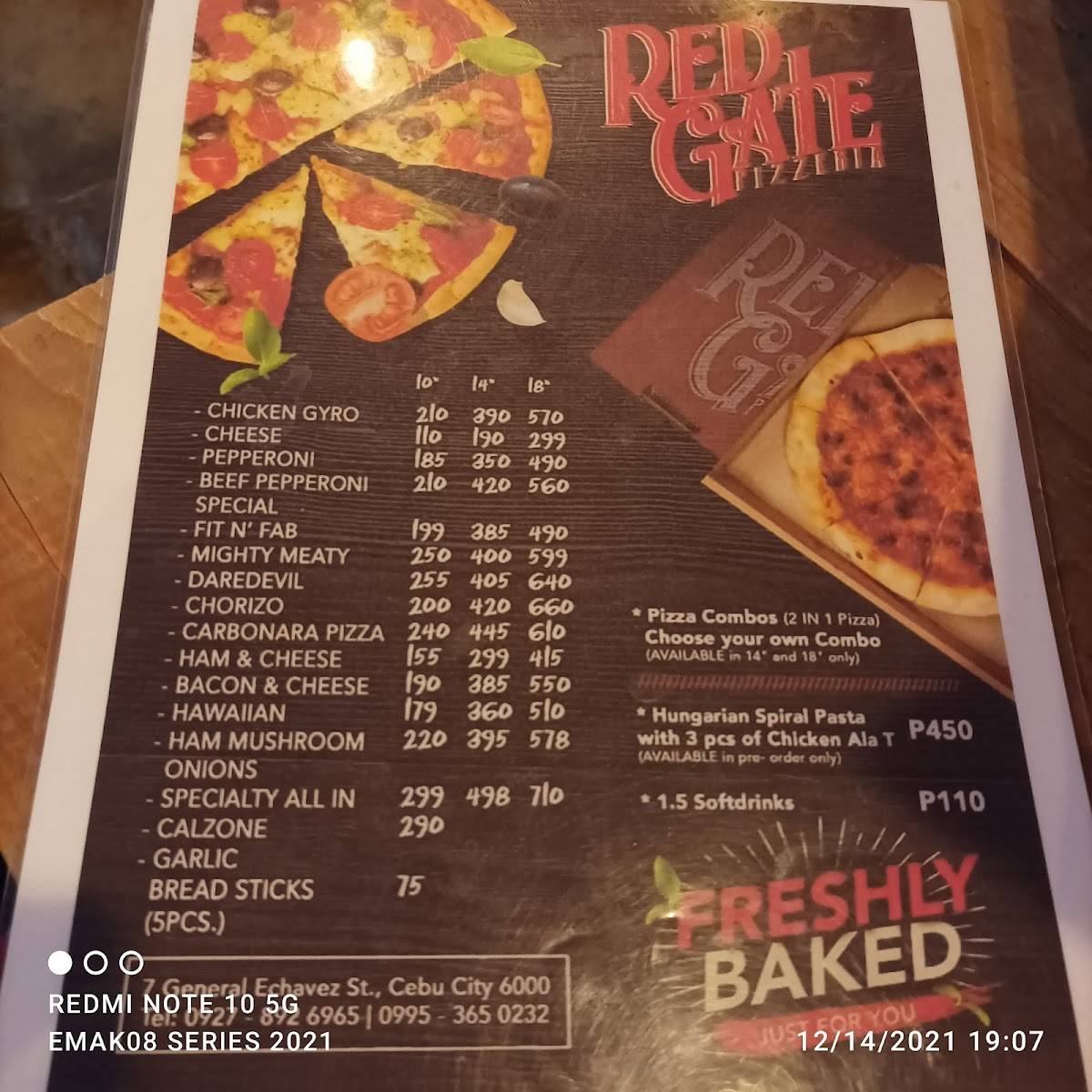 Menu at RedGate Pizzeria, Cebu City