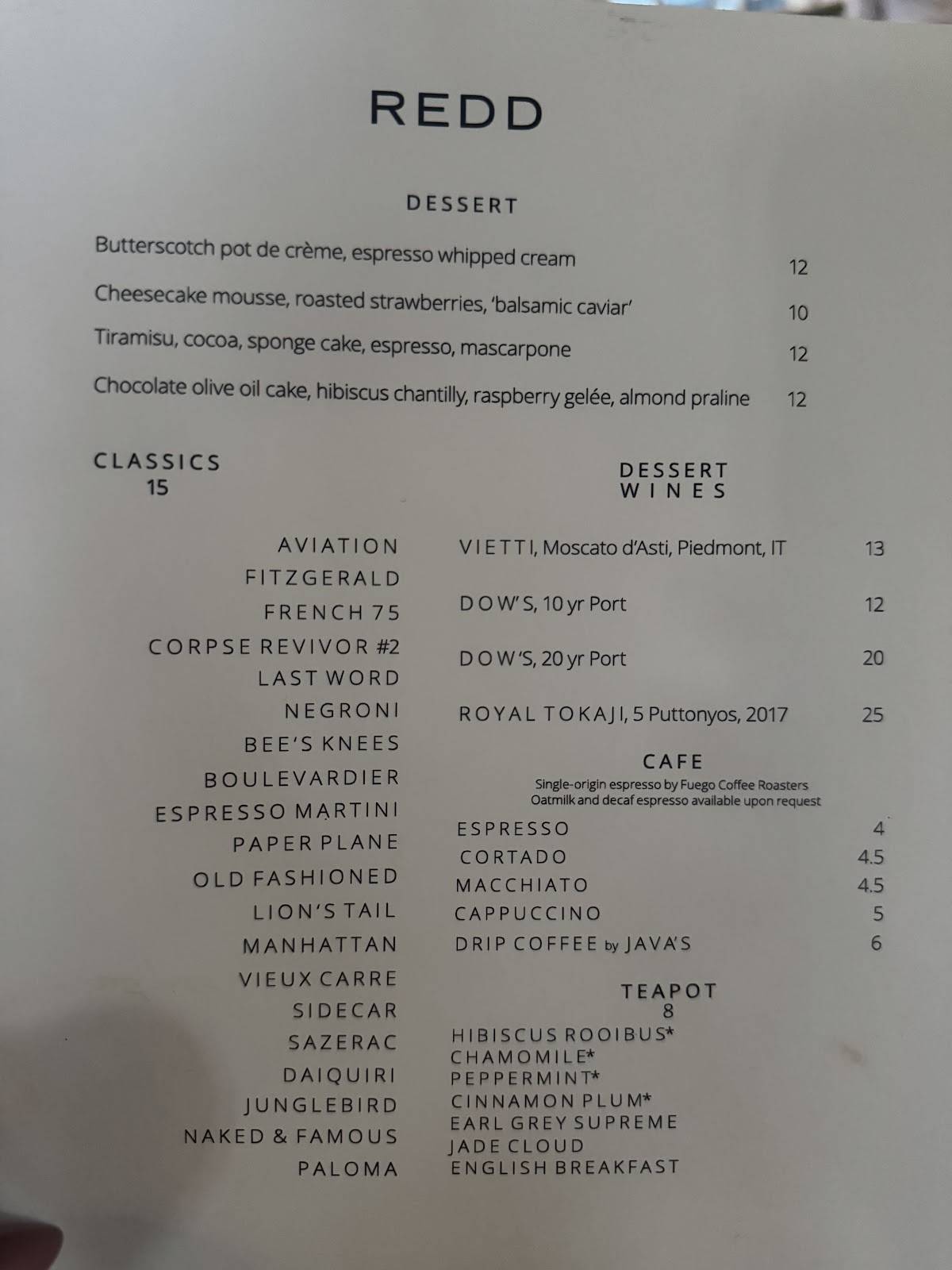 Menu at Redd restaurant, Rochester