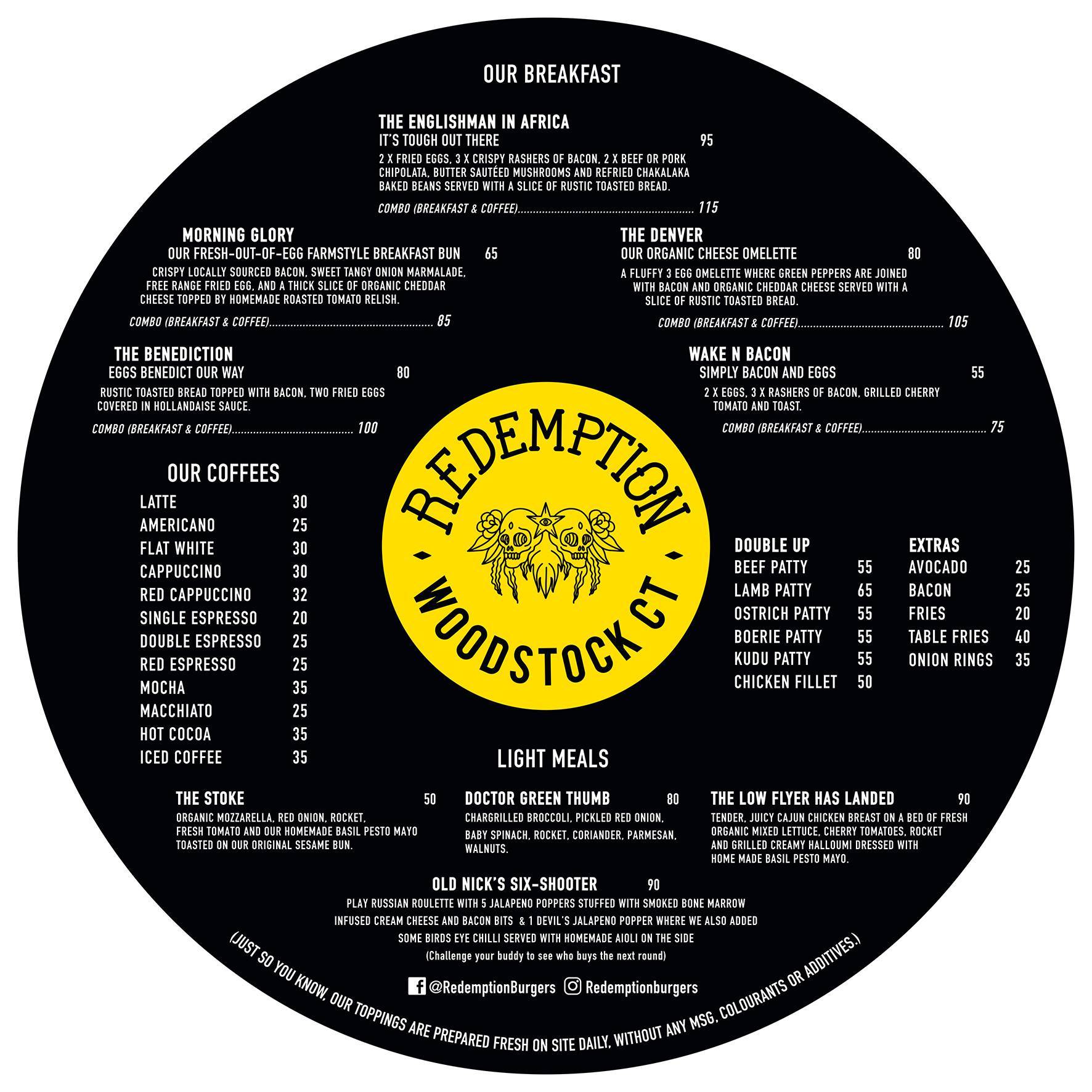 Menu at Redemption Burgers restaurant, Cape Town, Block B