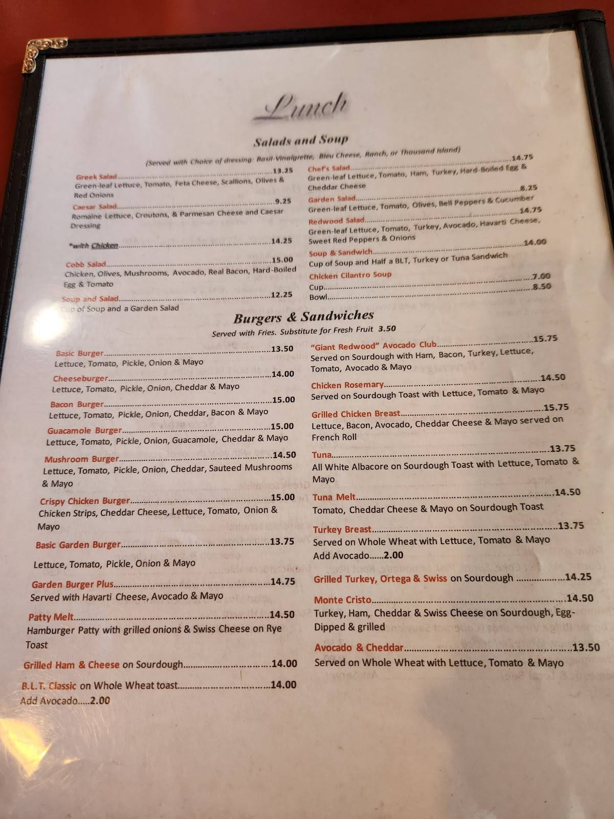Menu at Redwood Cafe, Cambria