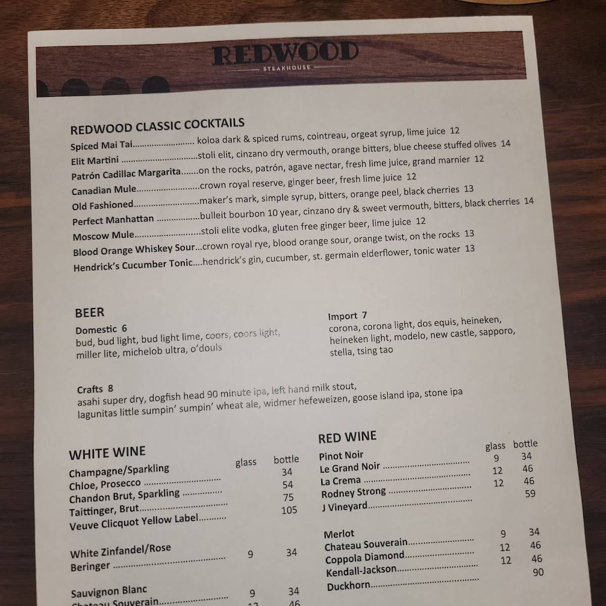 Menu at Redwood Steakhouse, Las Vegas