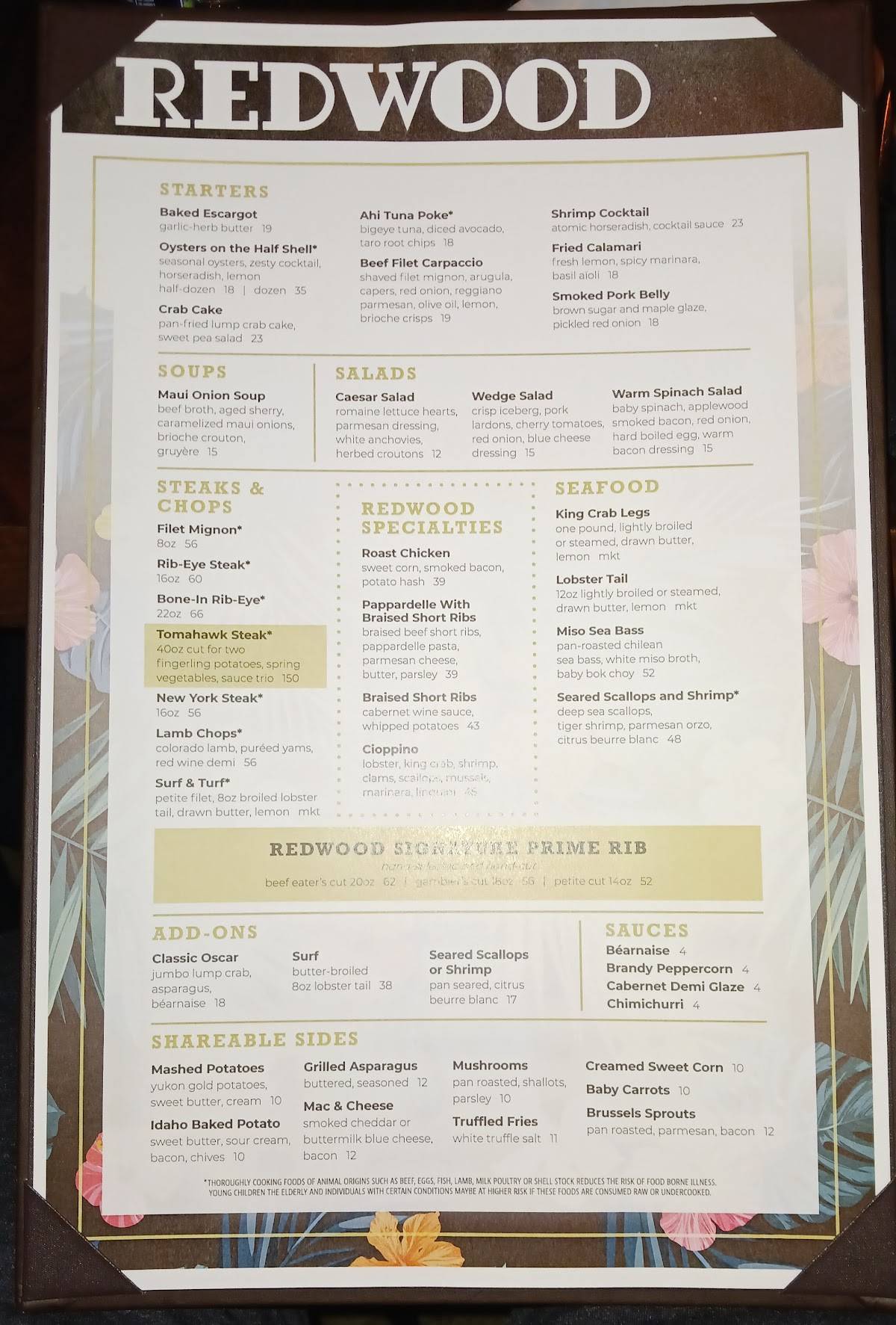 Menu at Redwood Steakhouse, Las Vegas