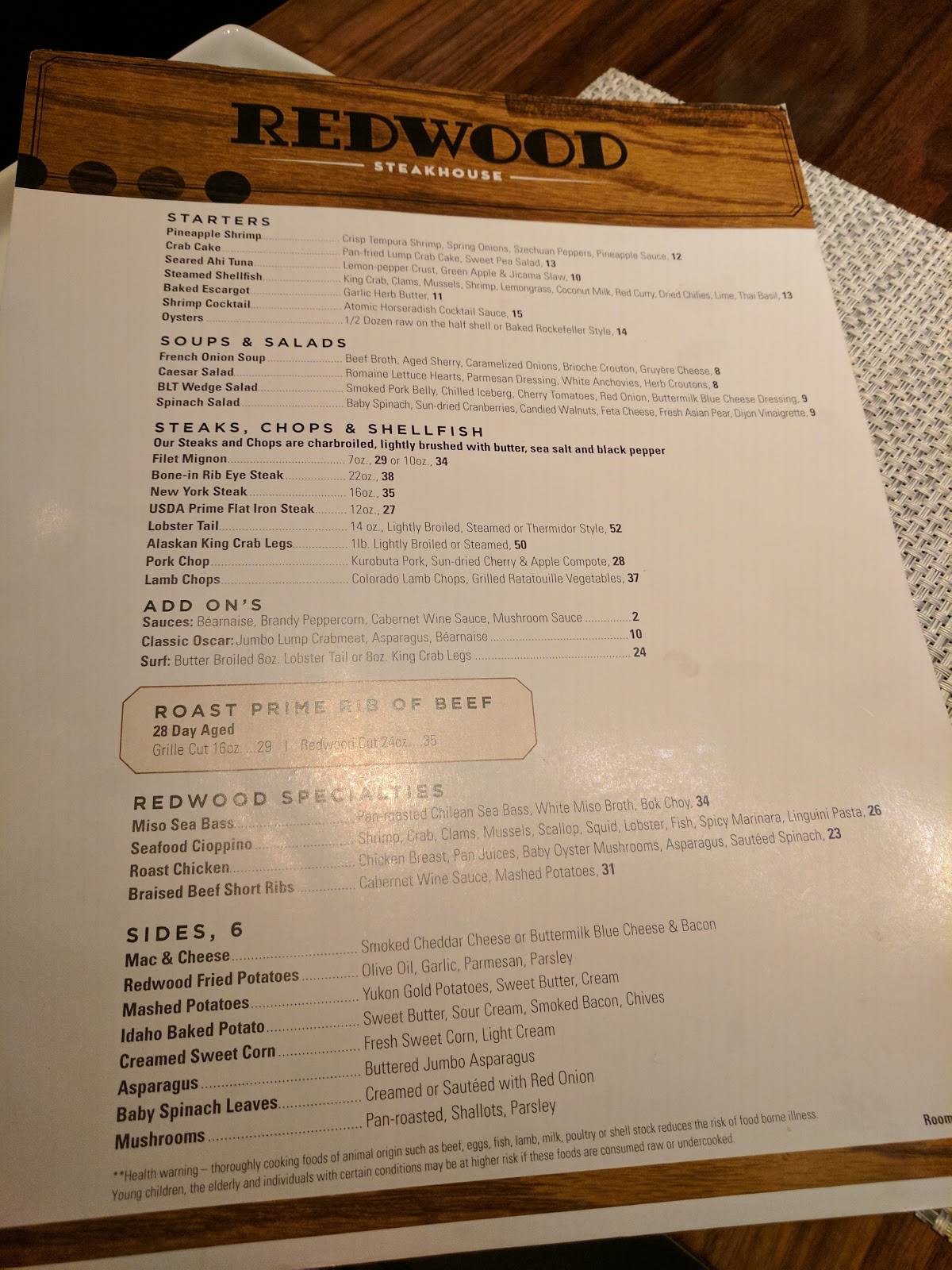 Menu at Redwood Steakhouse, Las Vegas