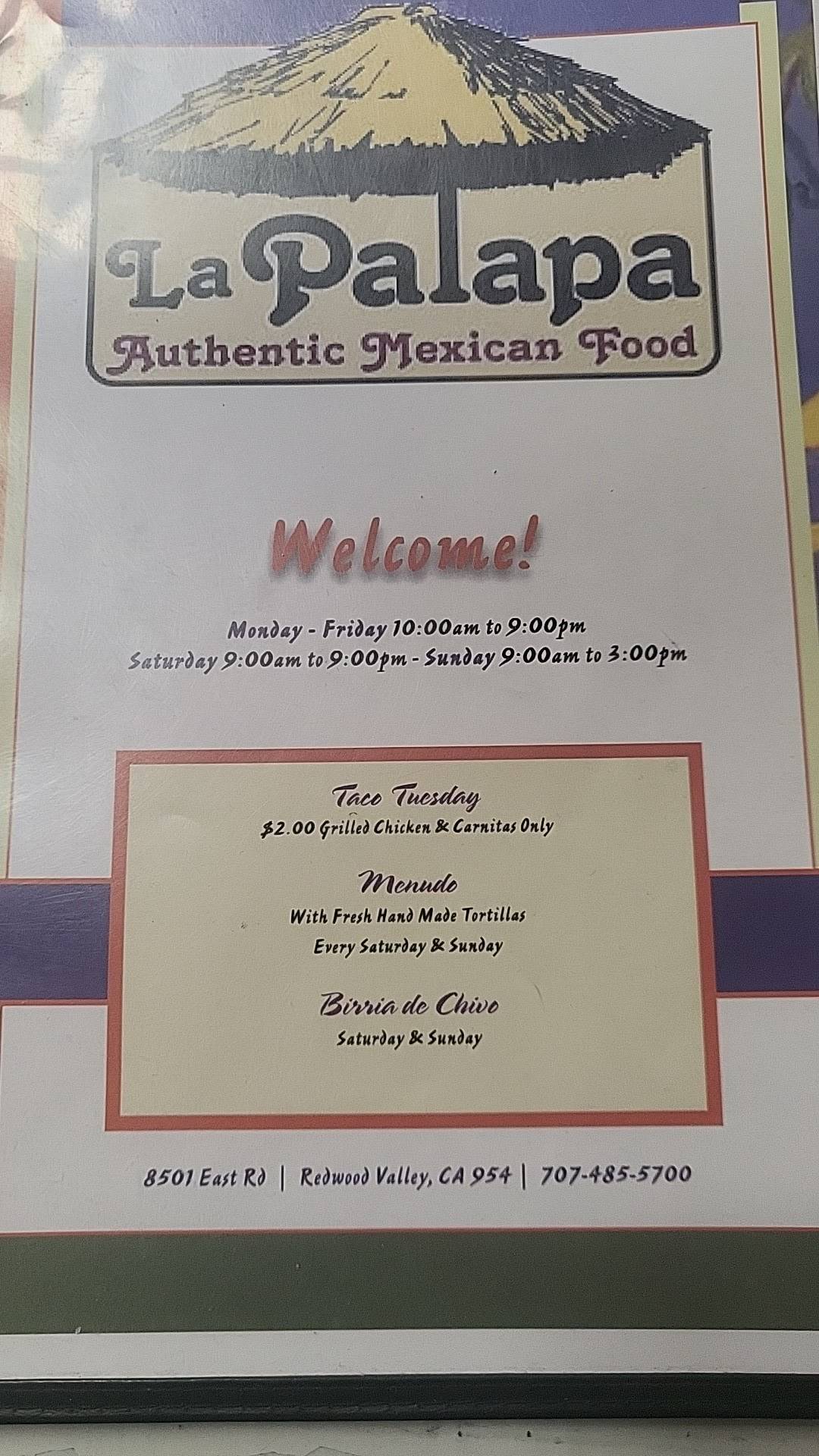 Menu at La Palapa restaurant, Redwood Valley, East Rd