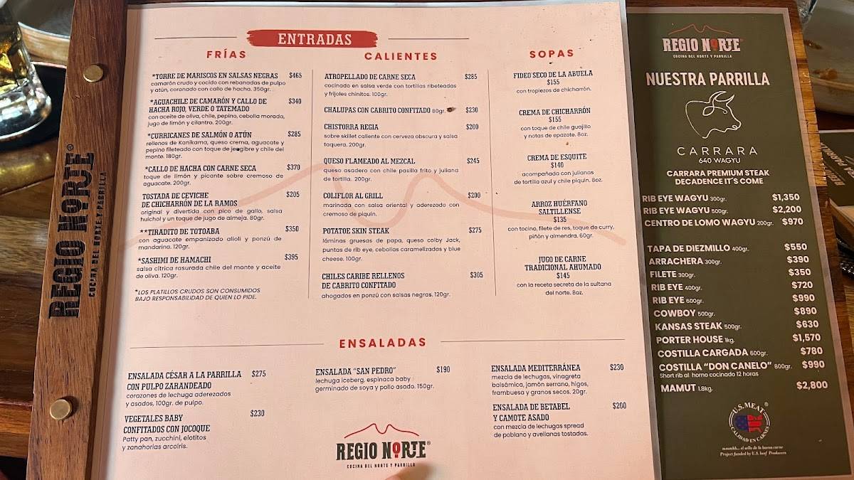Menu at Regio Norte restaurant, Puebla City