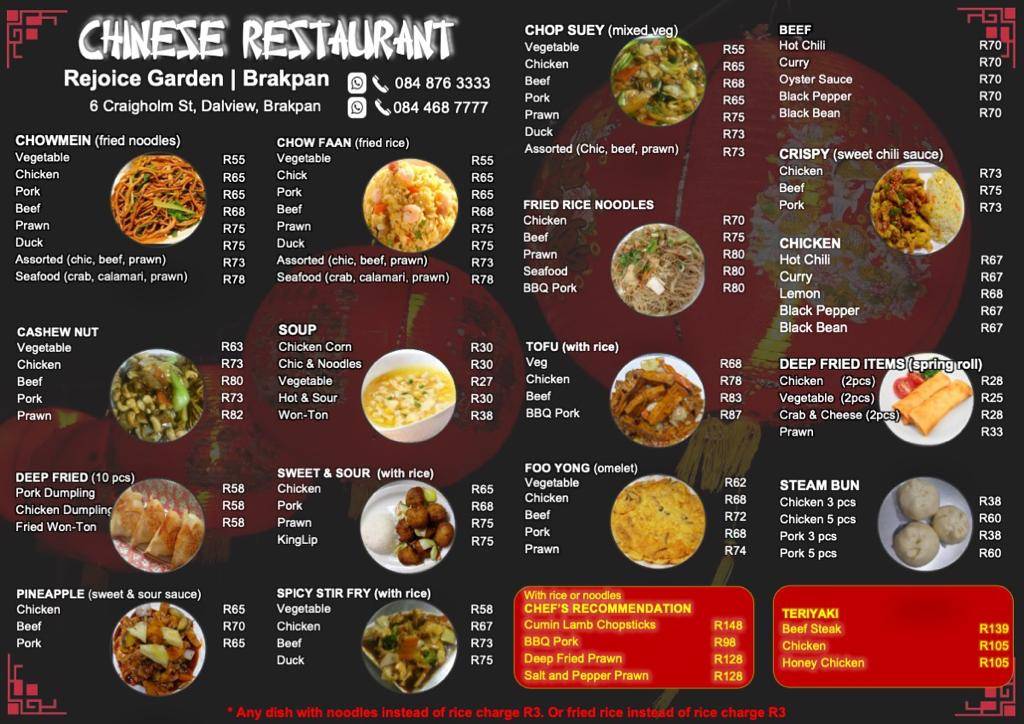 Menu at Rejoice Garden Chinese Restaurant, Brakpan