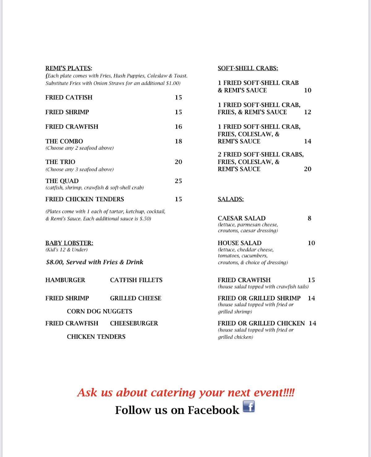 Menu at Remi's Seafood & More restaurant, Walker