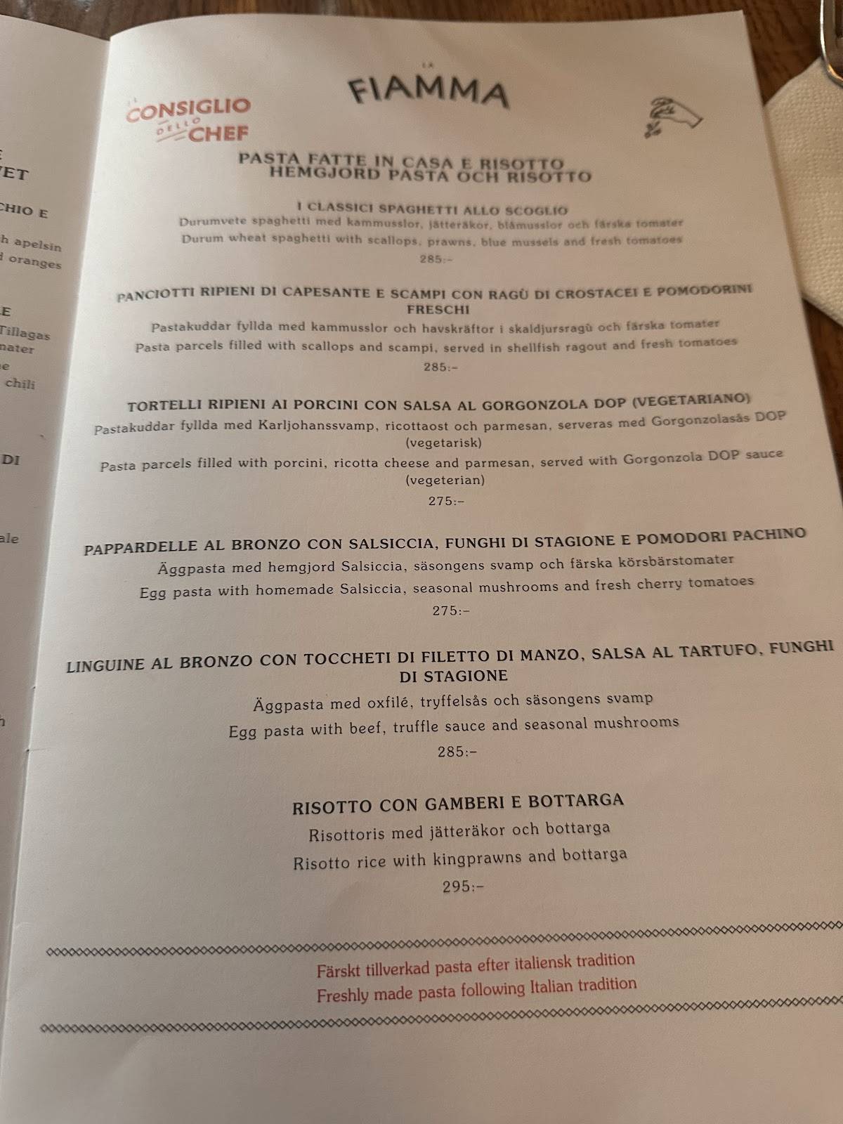 Carta del restaurante Restaurang La Fiamma, Estocolmo