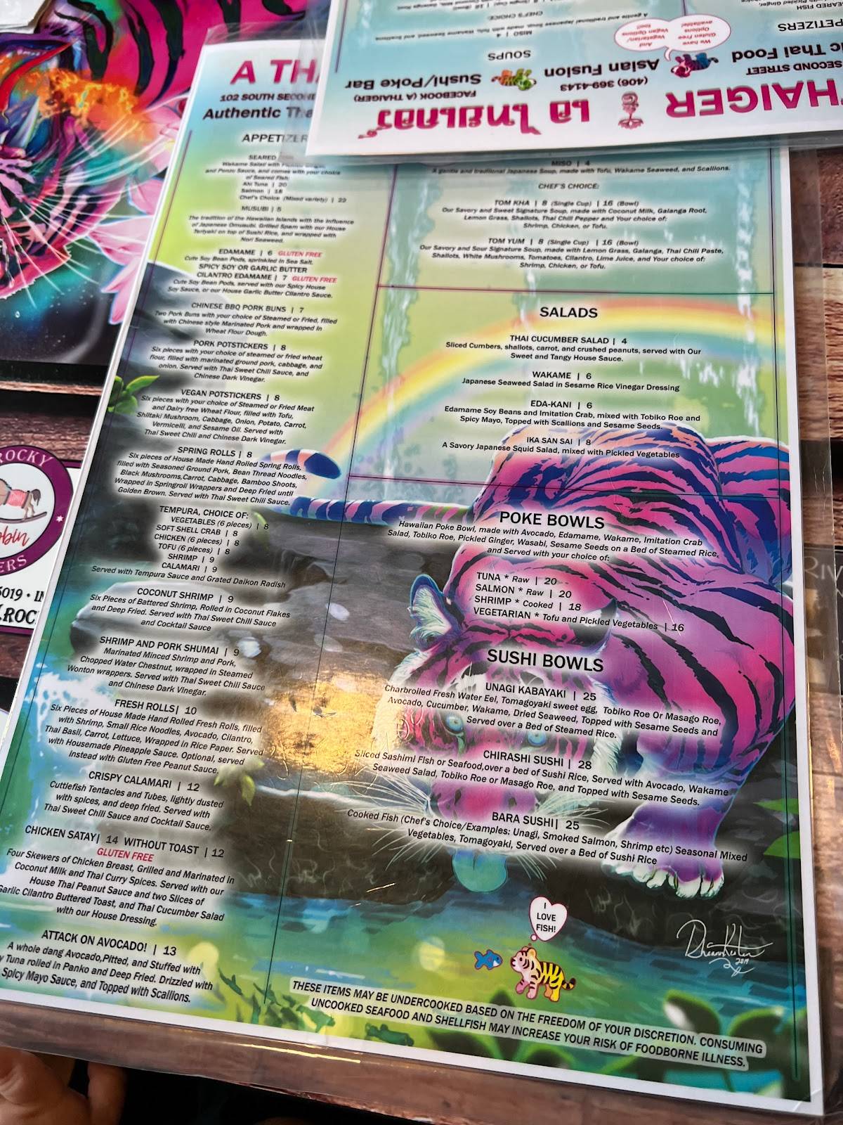 Menu at A Thaiger restaurant, Hamilton