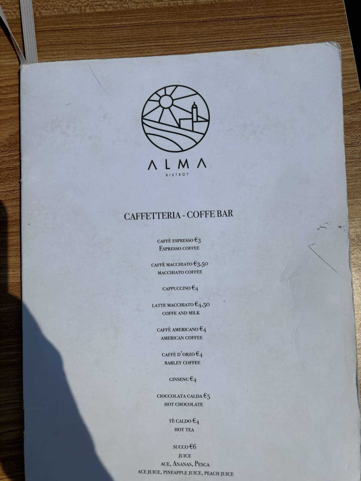 Menu at ALMA restaurant, Varenna