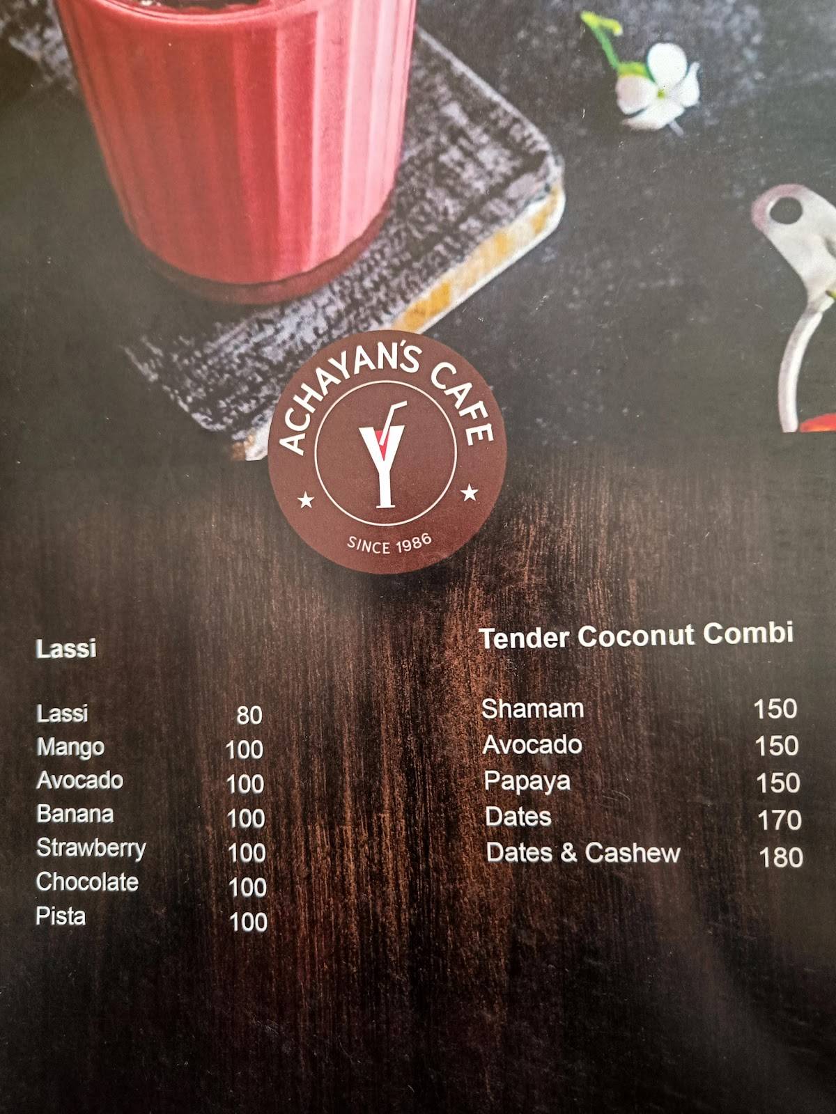 Menu at Achayan’s Cafe, Changanassery
