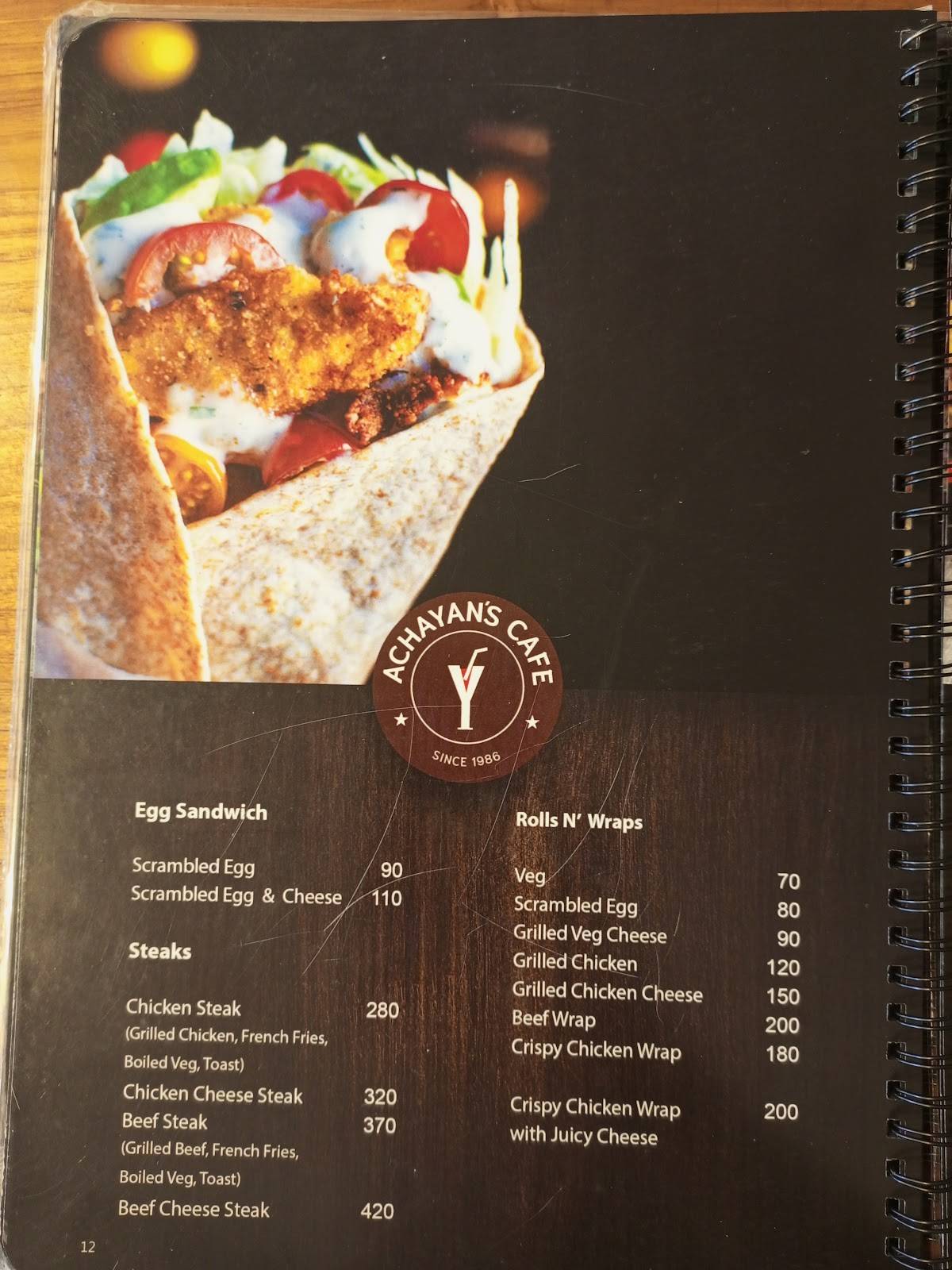 Menu at Achayan’s Cafe, Changanassery