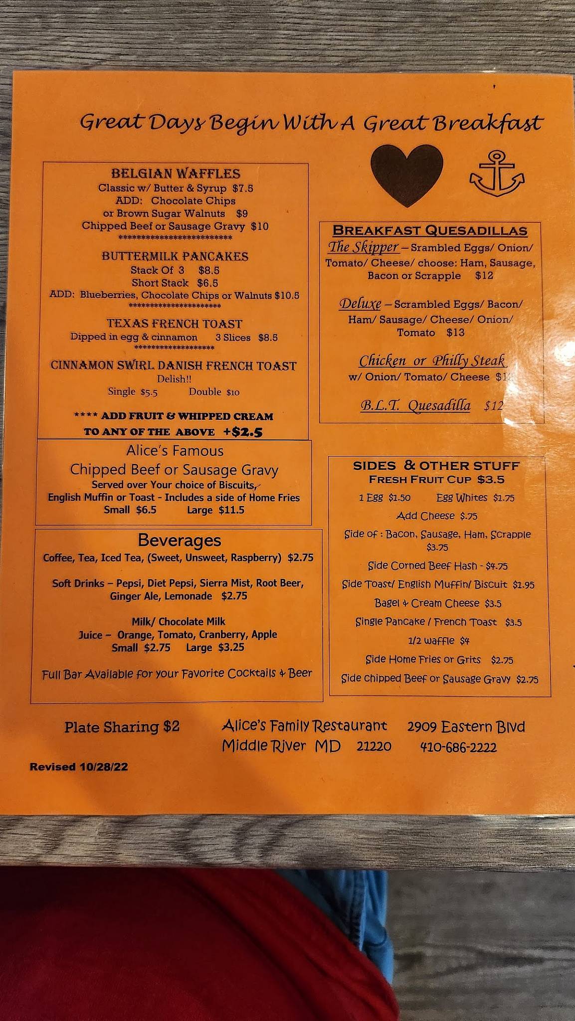 Menu at Alice's - A Family Restaurant, Middle River