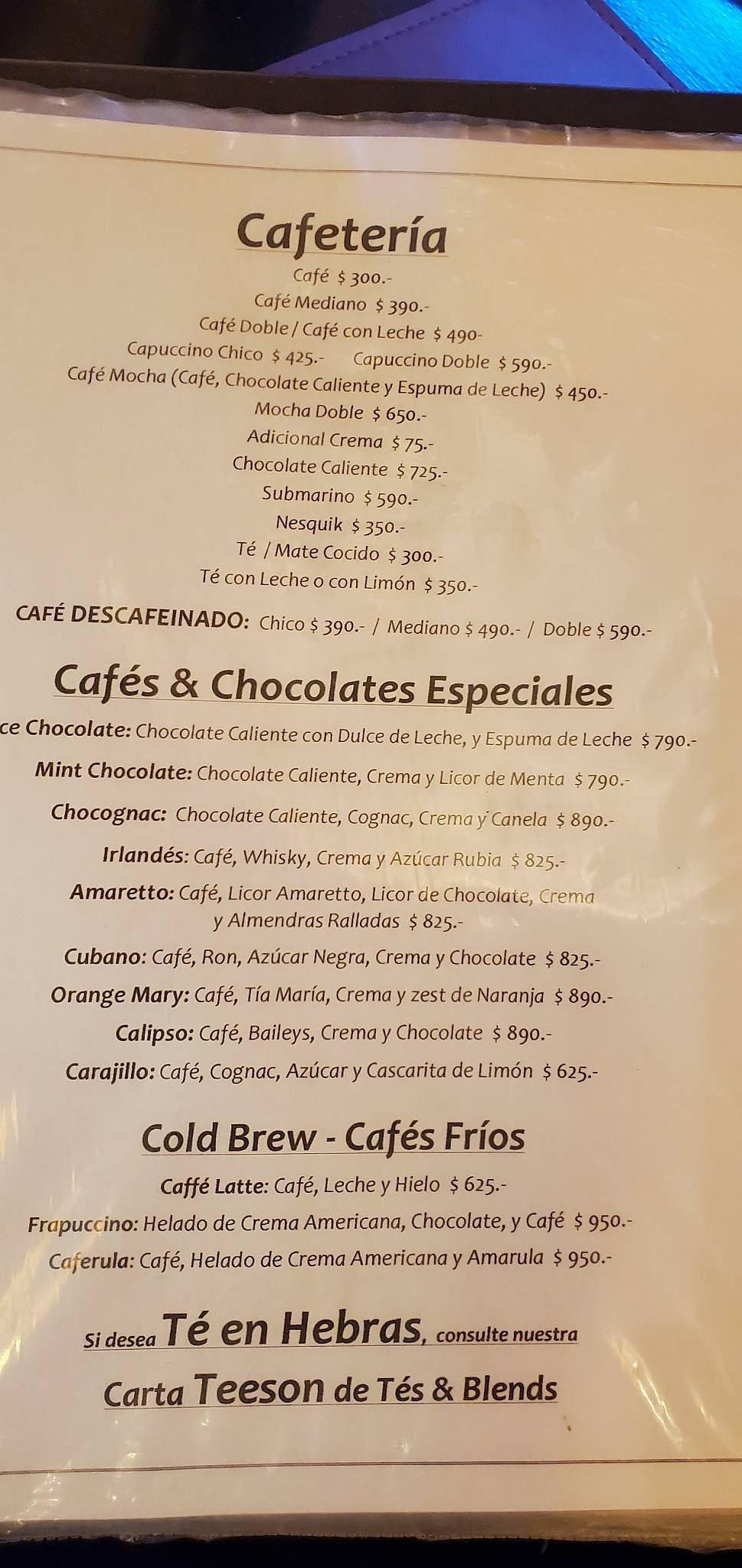 Menu at Alma Mora restaurant, Villa La Angostura