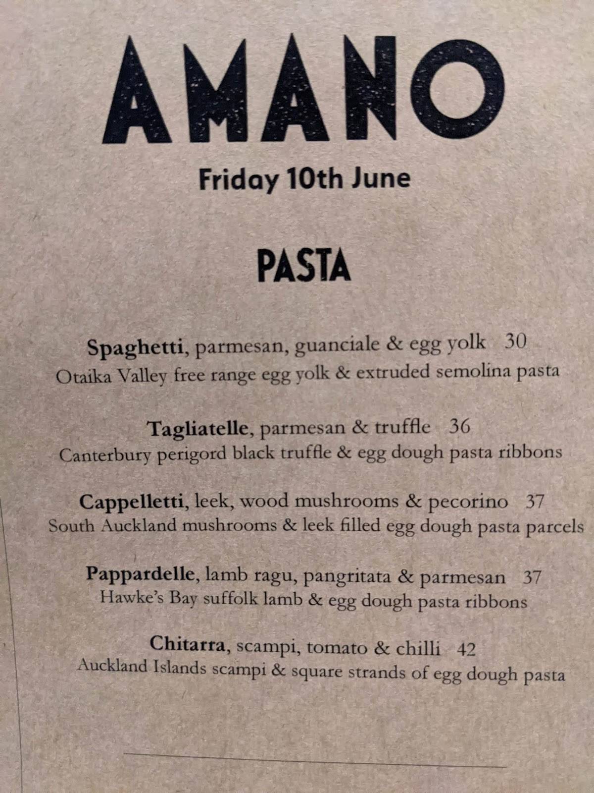 Menu at Amano restaurant, Auckland, 66 - 68