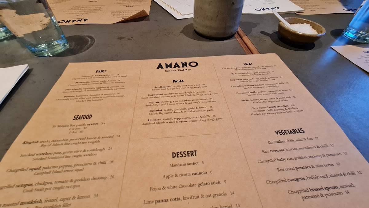 Menu at Amano restaurant, Auckland, 66 - 68