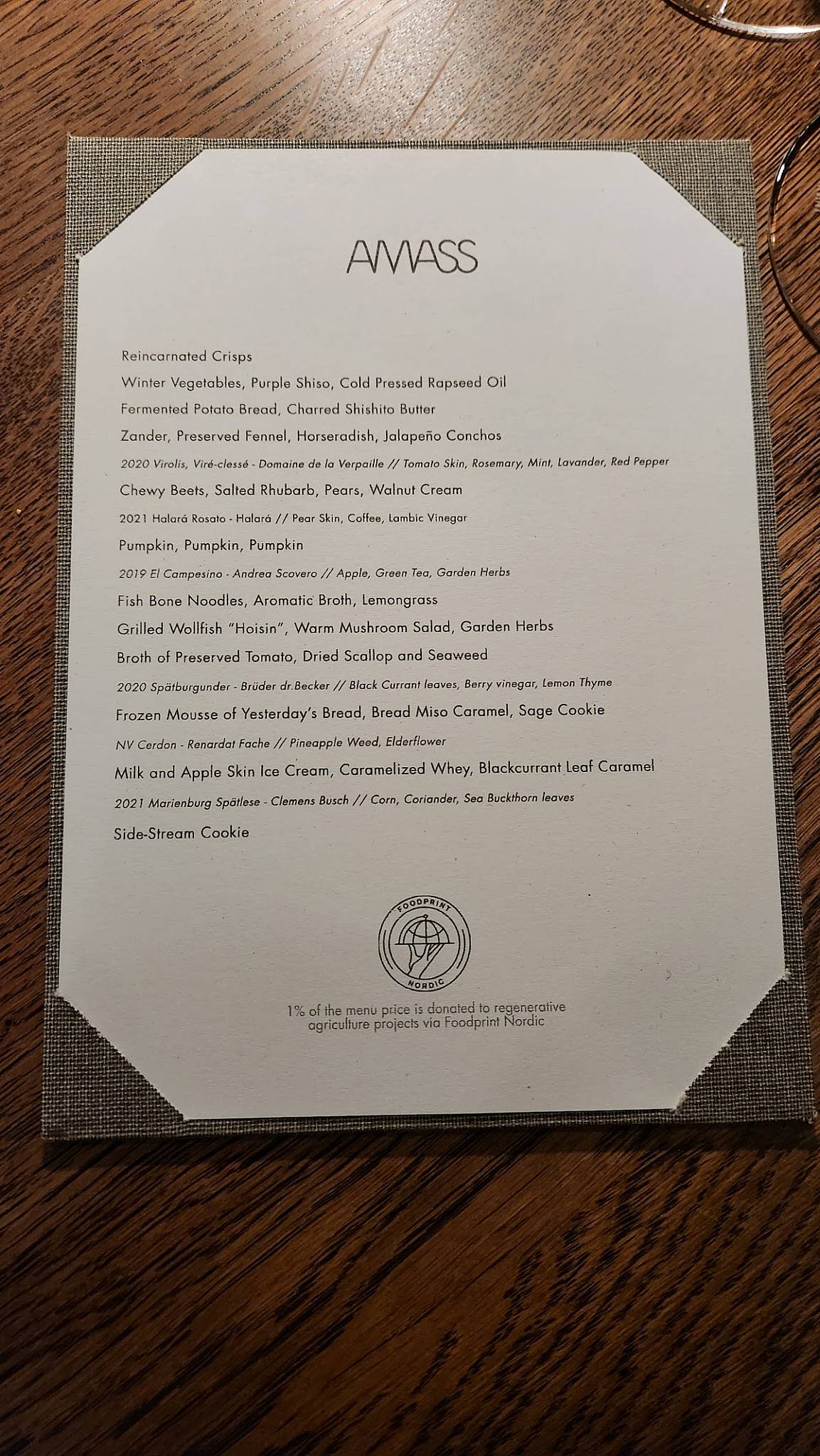 Menu at Amass Restaurant, Copenhagen