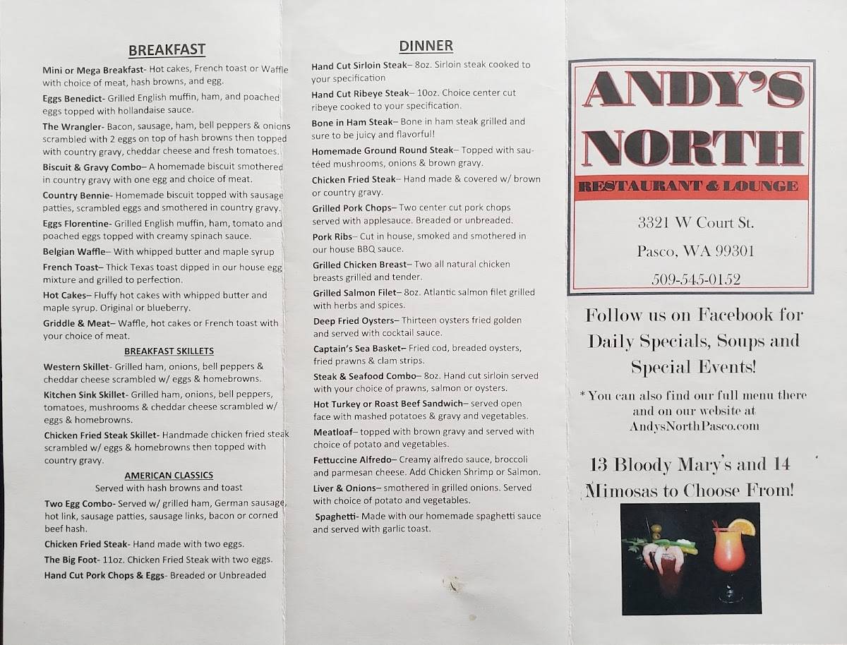 Menu at Andy's North restaurant, Pasco