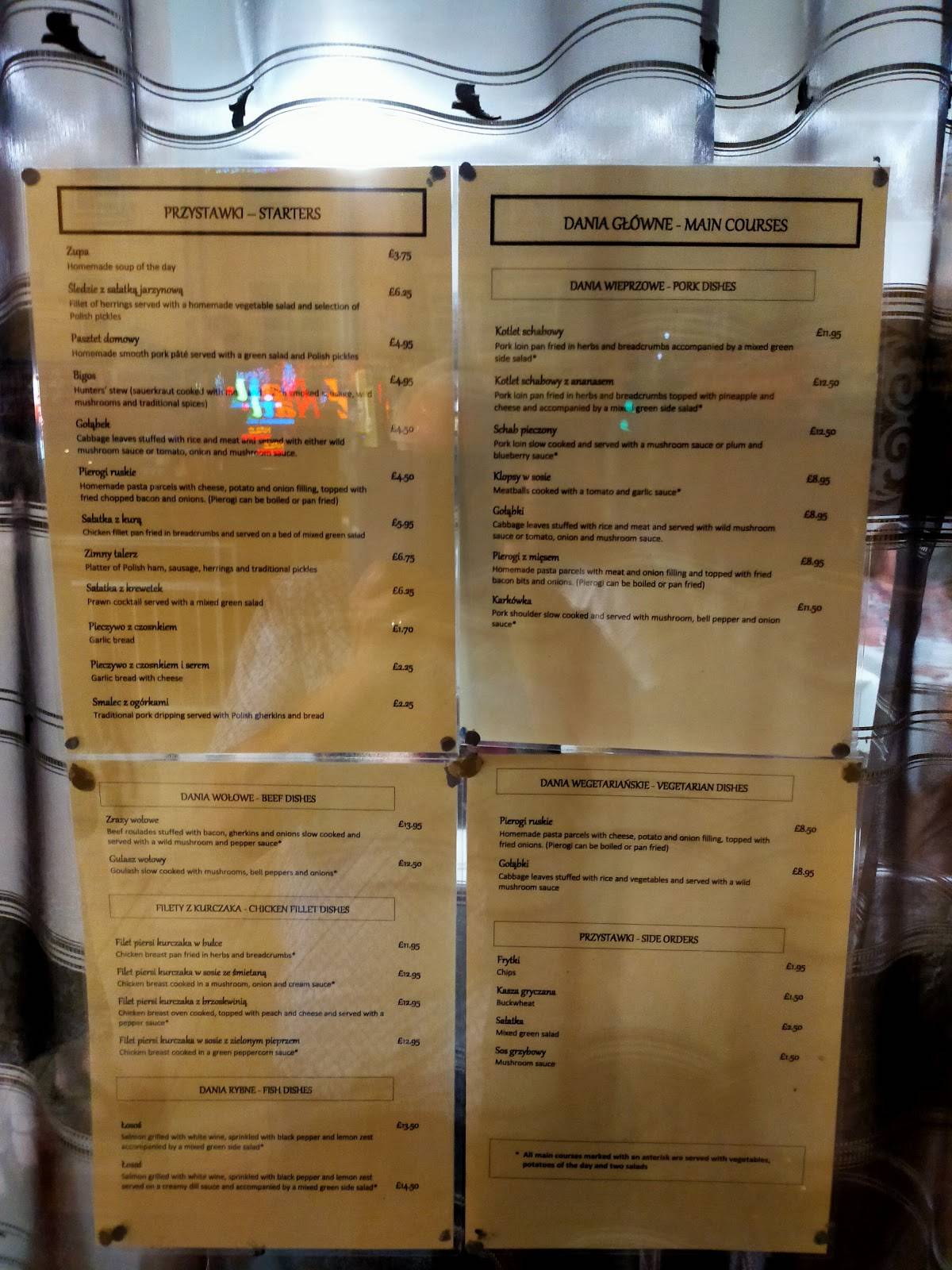 Menu at Ania Polish Restaurant, Nottingham