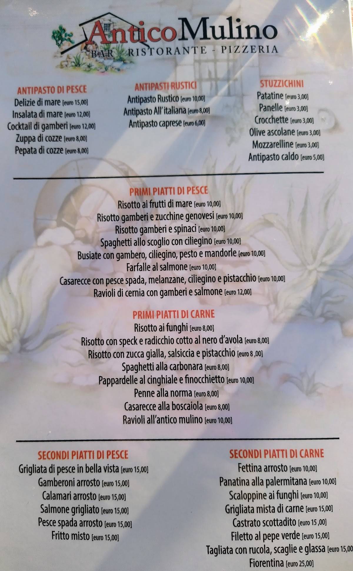 Menu da Antico Mulino ristorante, Sambuca di Sicilia
