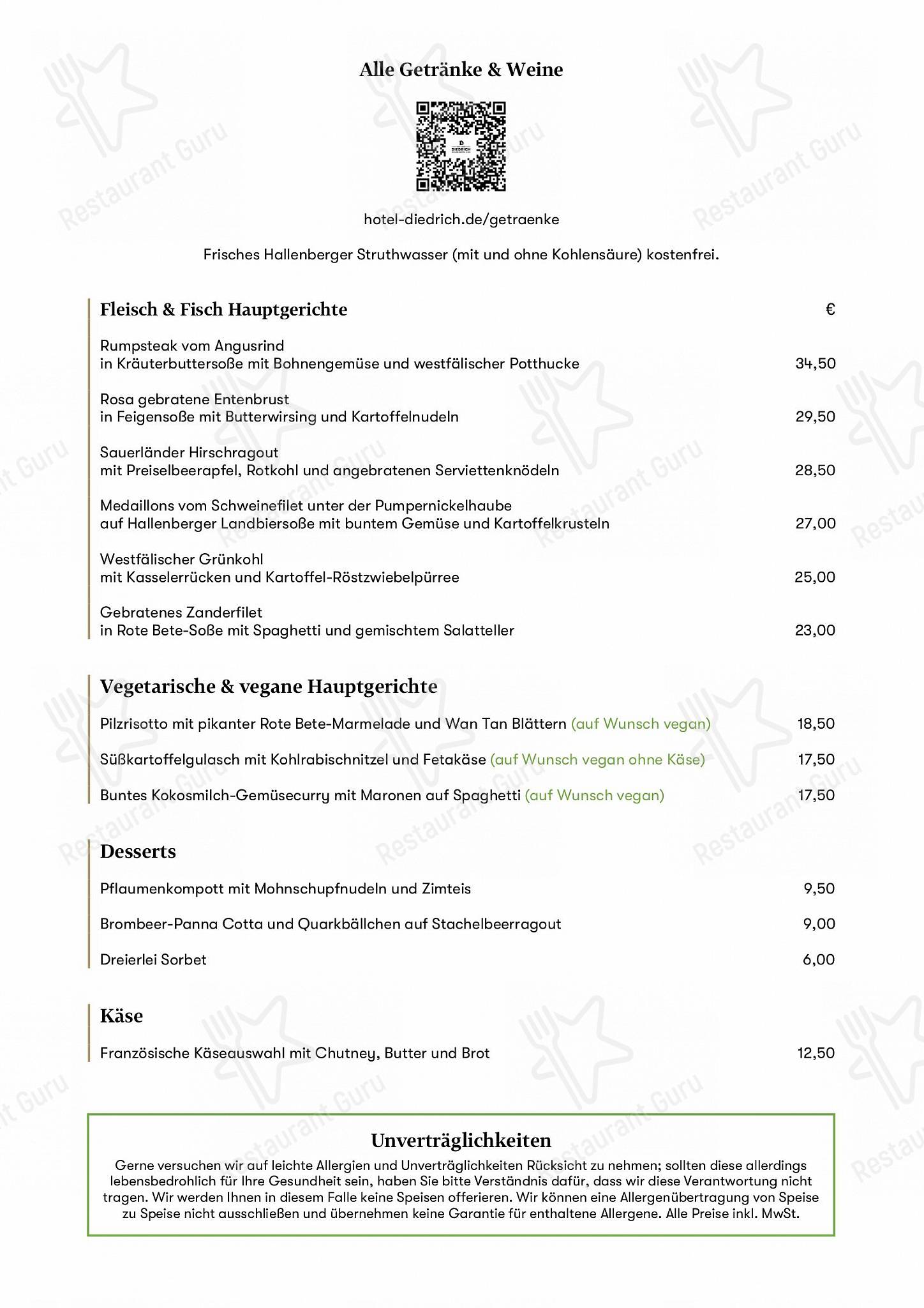 Speisekarte von Restaurant Antons im Hotel Diedrich, Hallenberg