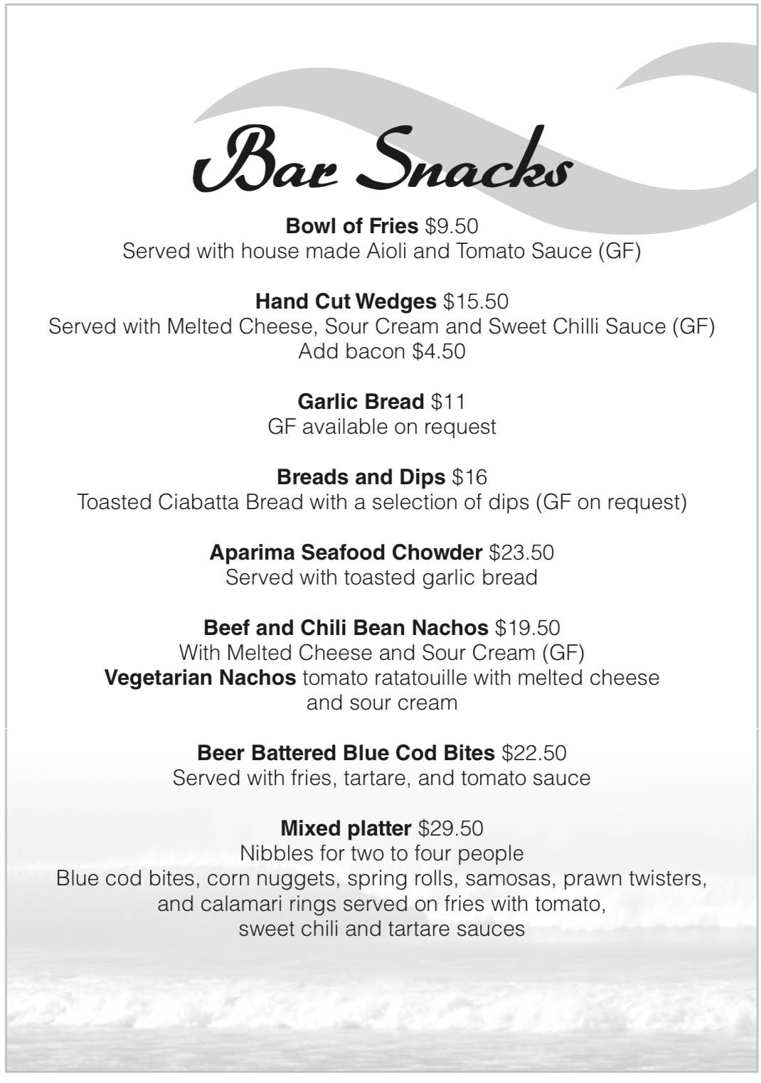 Menu at Aparima Restaurant and Bar, Riverton