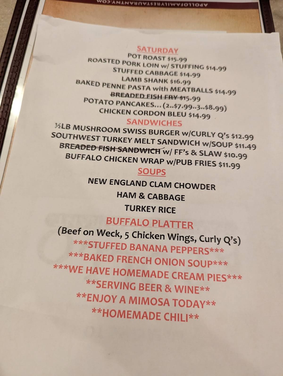 Menu at Apollo Family Restaurant, Buffalo, South Park Ave